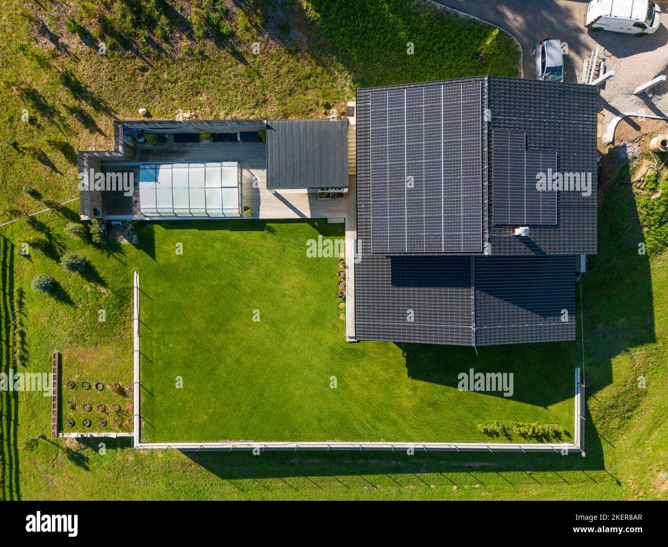 Top view of solar photovoltaic panels on roof, alternative energy ...