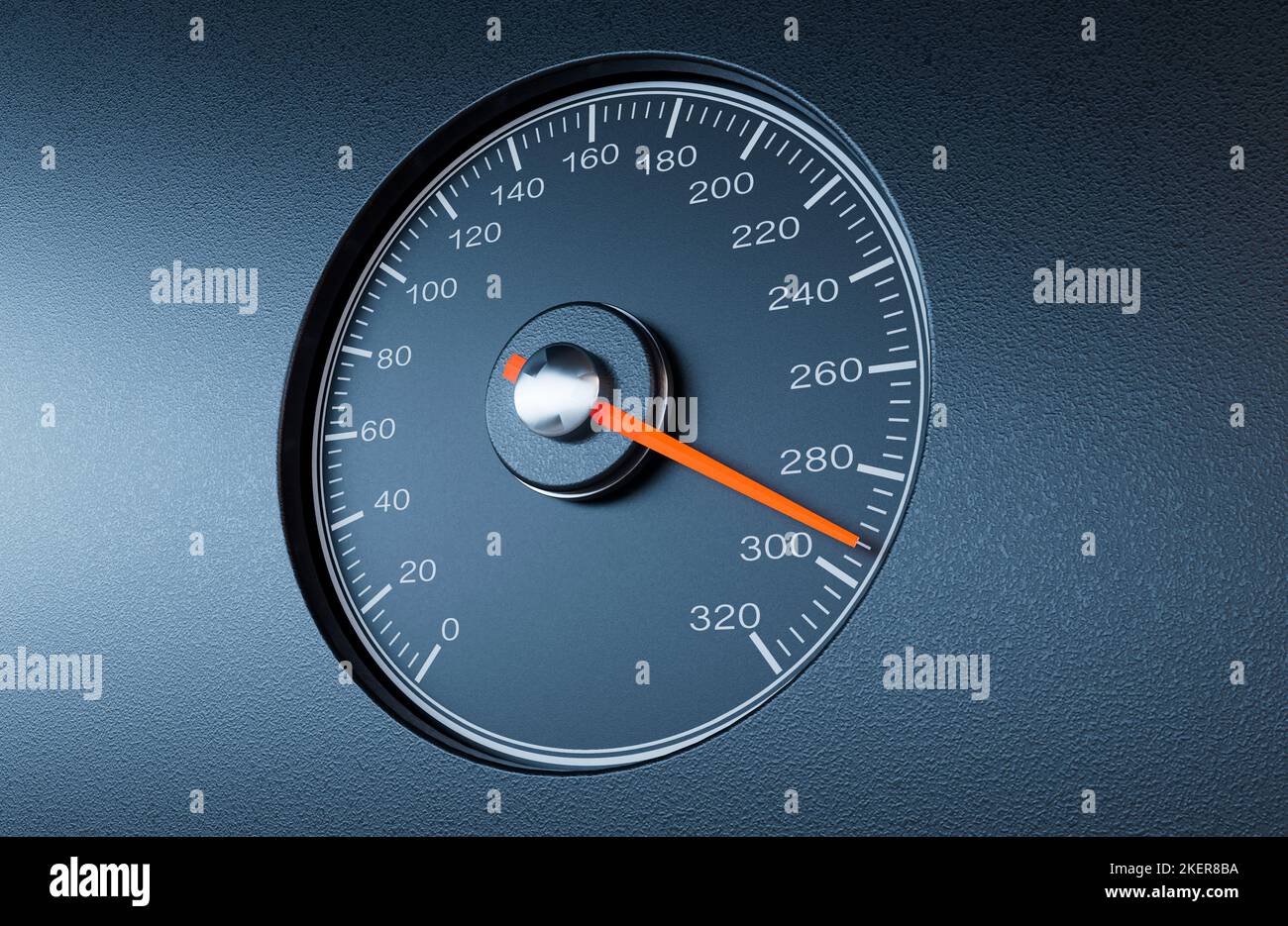 A regular car speedometer with an orange needle pointing towards a high ...