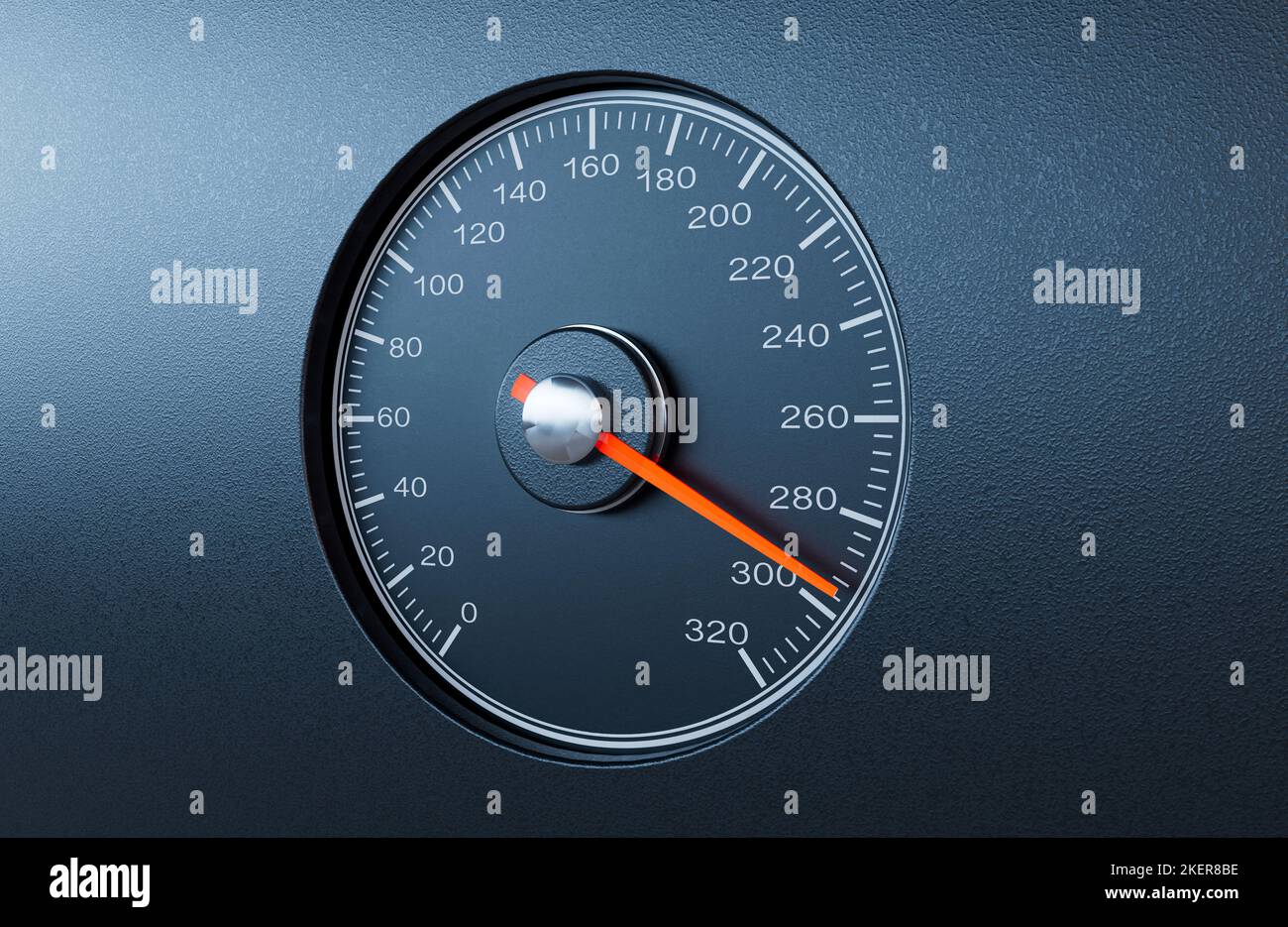 A regular car speedometer with an orange needle pointing towards a high ...