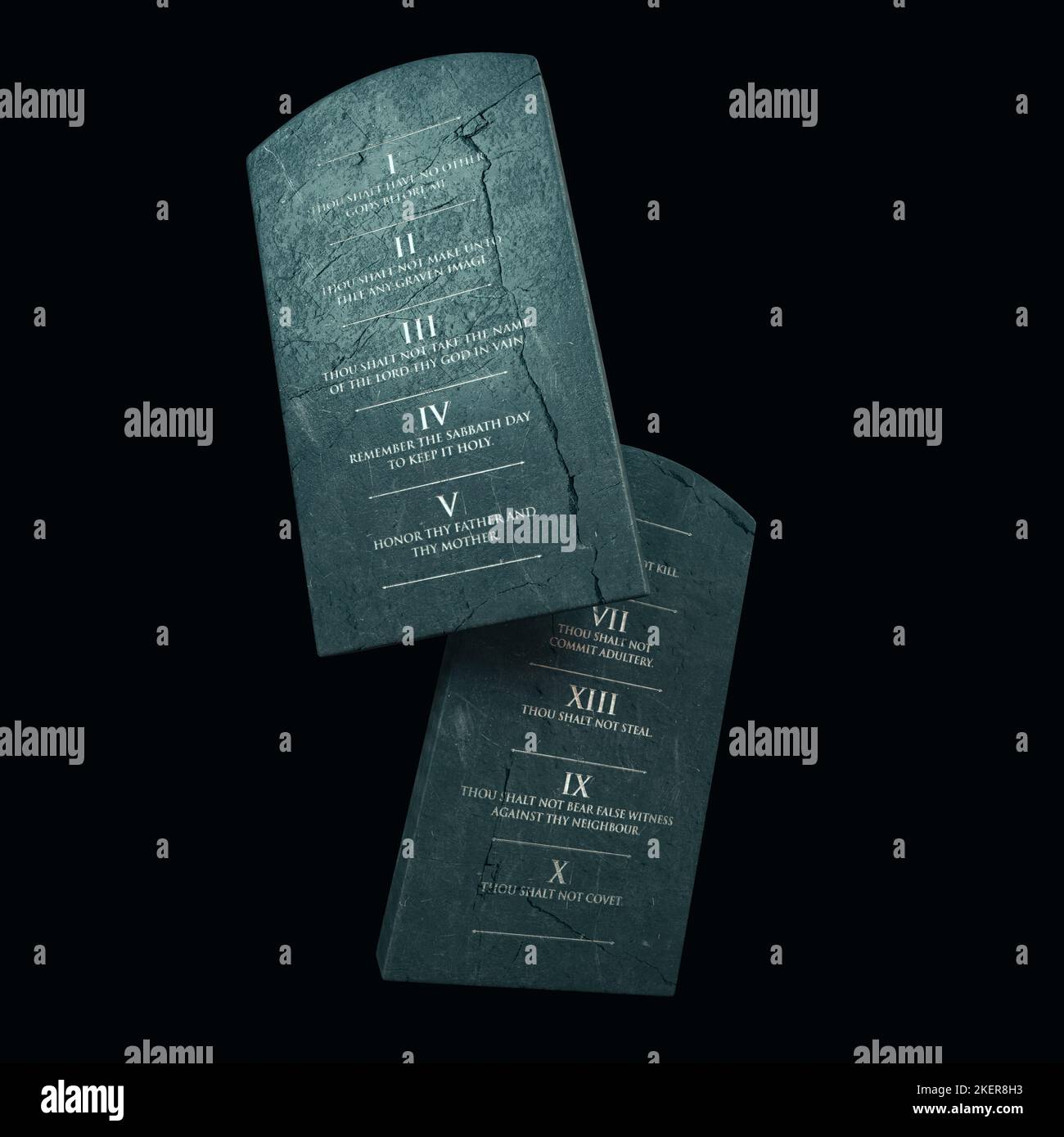 Two cracked stone tablets with the ten commandments etched into them ...