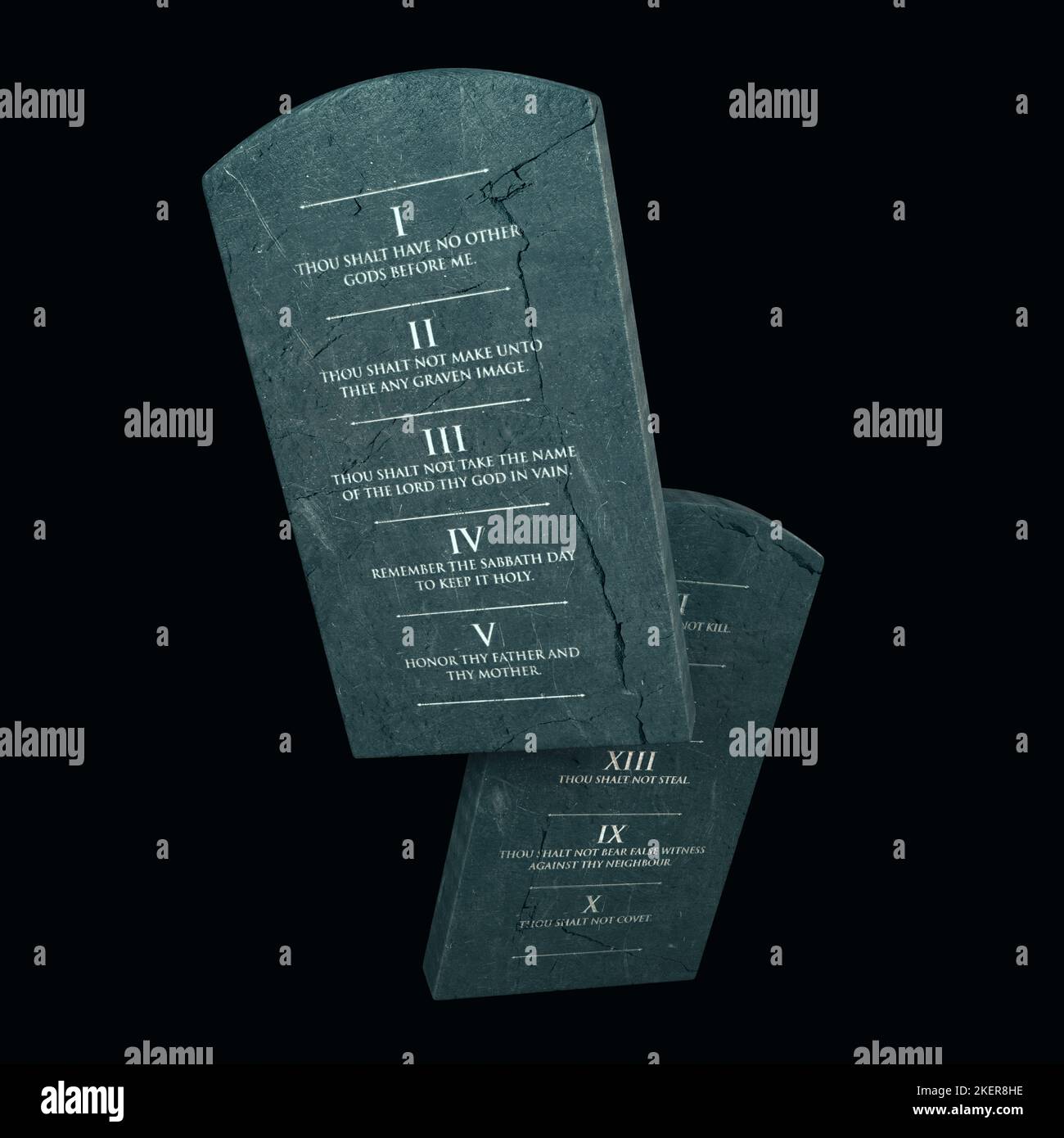 Two cracked stone tablets with the ten commandments etched into them ...