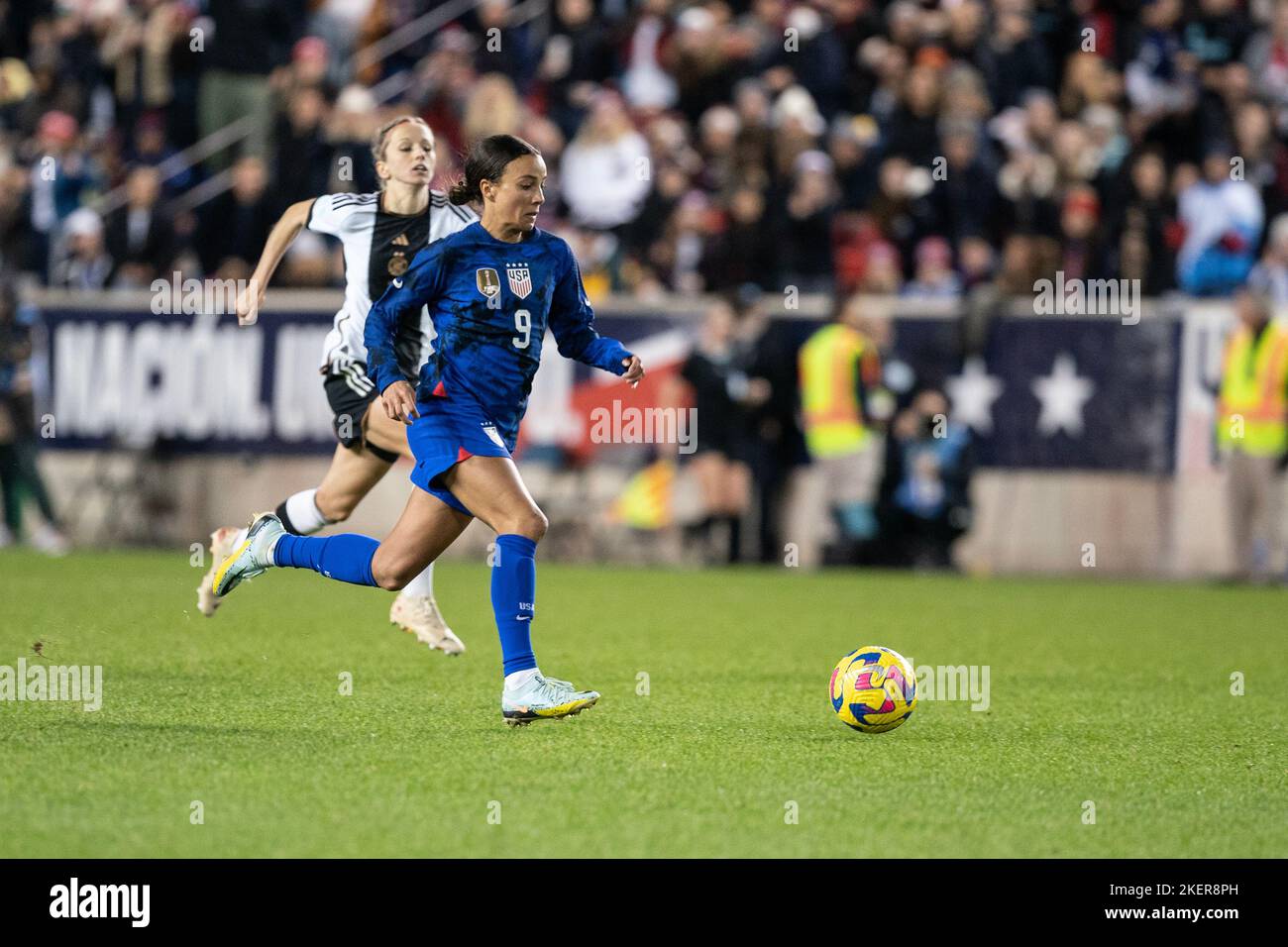 Mallory Pugh (9) of USWNT controls ball during friendly match against ...