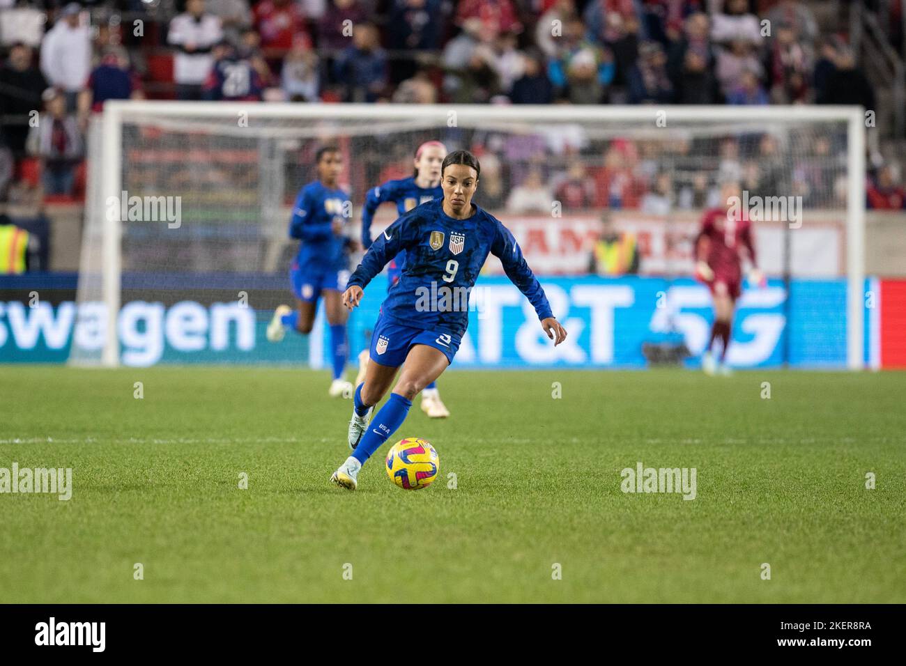 Mallory Pugh (9) of USWNT controls ball during friendly match against ...