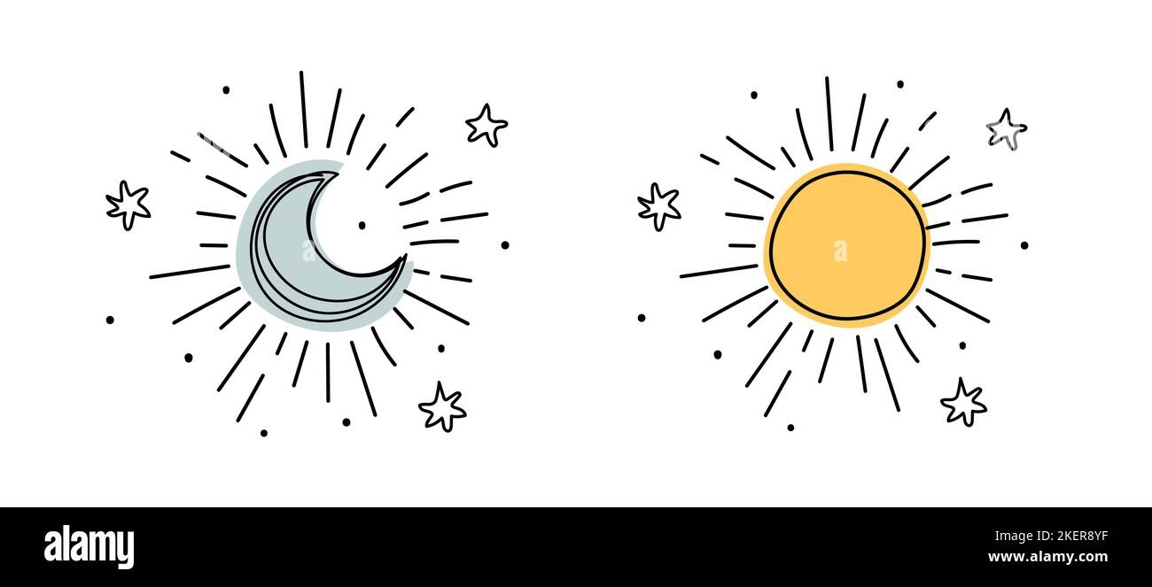 Weather icon set, shining crescent moon and sun with rays line drawing ...