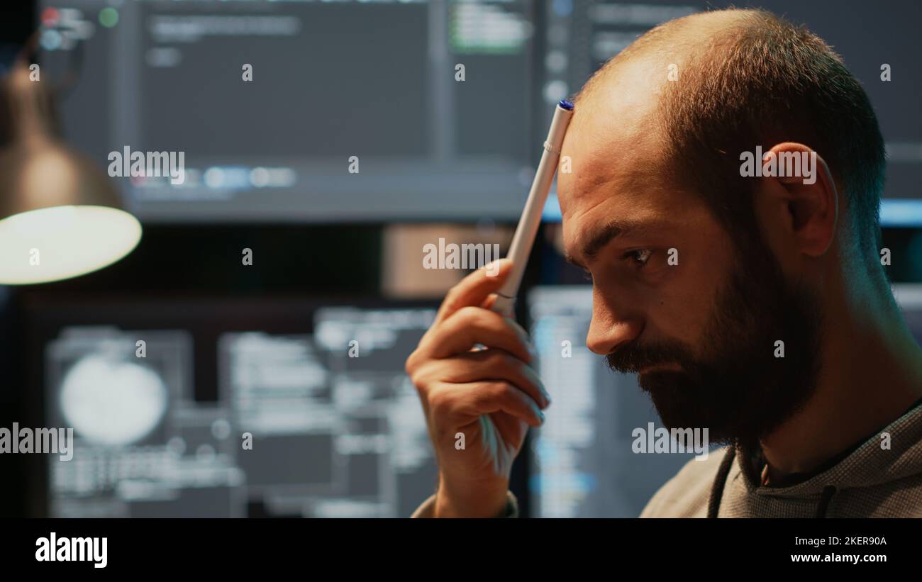 Pensive Database Admin Brainstorming Ideas In Office Programming Script And Source Code