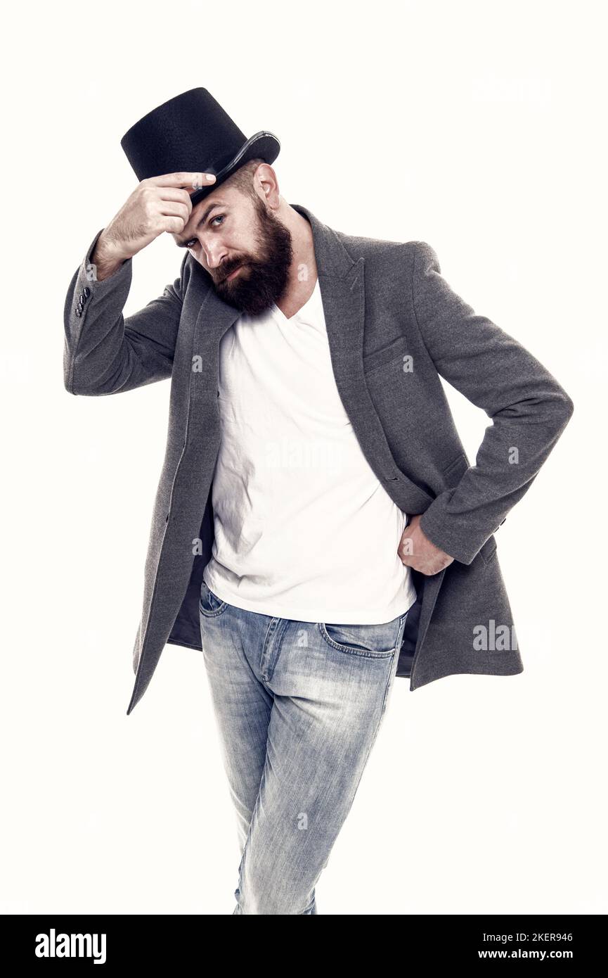 Street performance. Man bearded guy magician. Magic trick performance ...