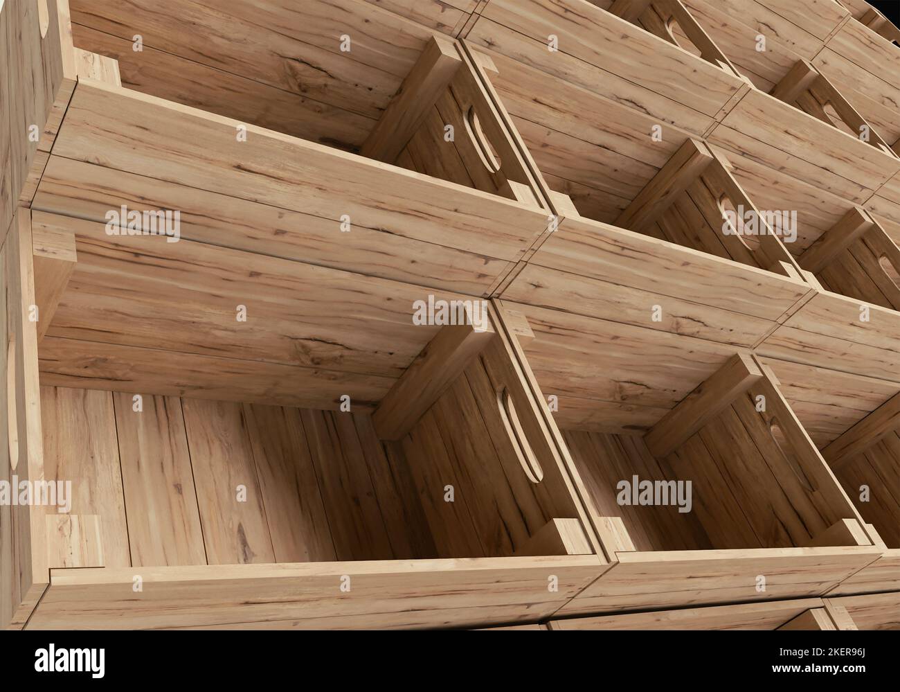 A display of empty stacked wooden crates on an isolated background - 3D ...
