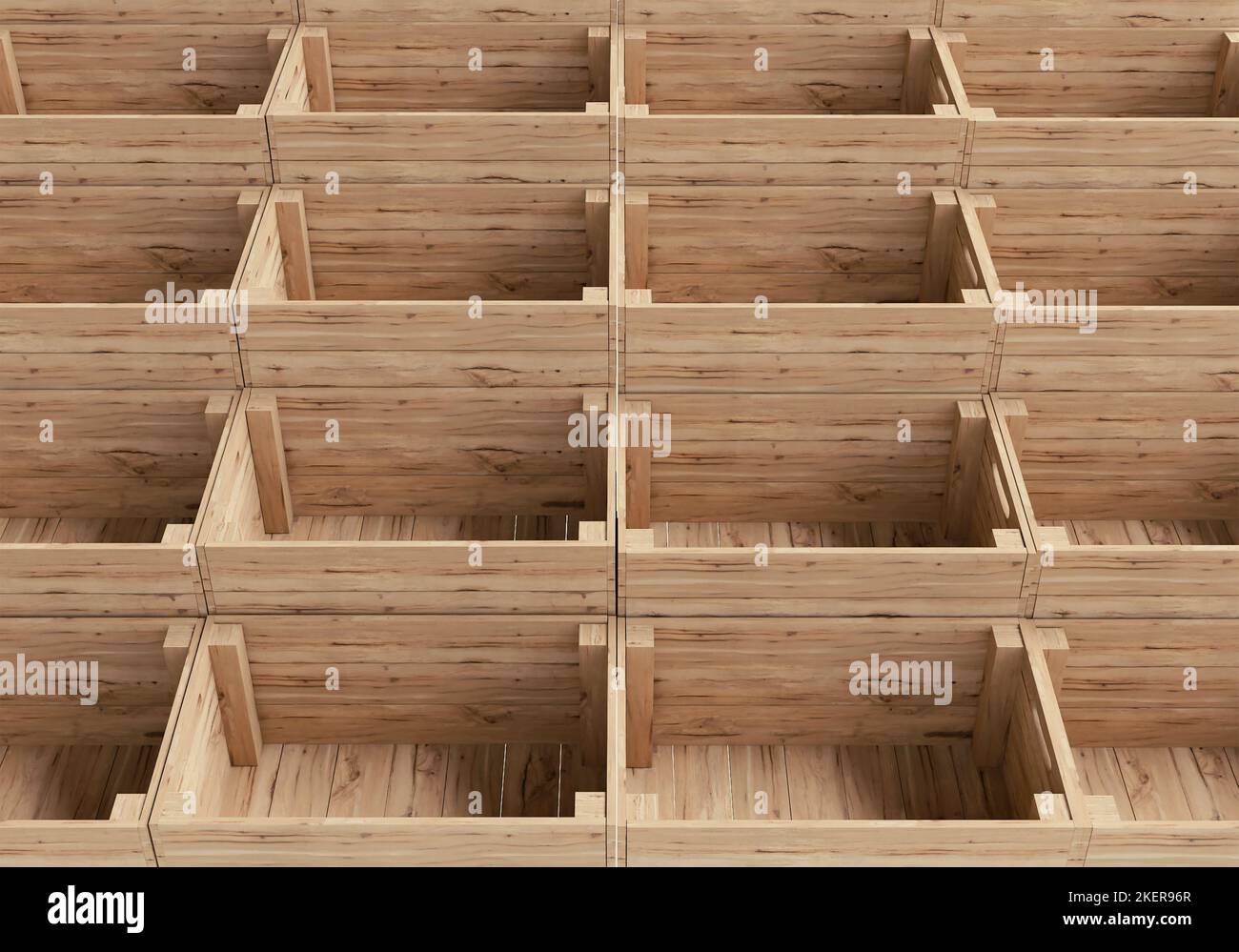 A display of empty stacked wooden crates on an isolated background - 3D ...