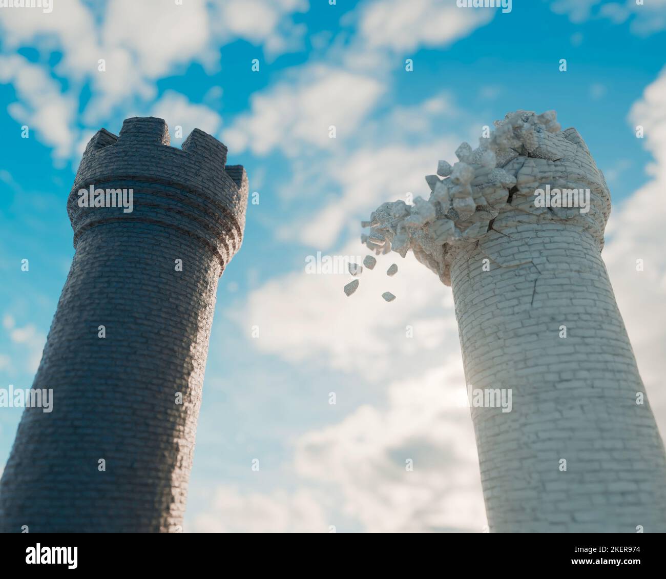 A black chess castle opposing a crumbling white castle on a chess board ...