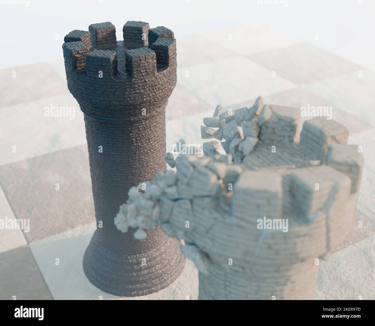 A black chess castle opposing a crumbling white castle on a chess board ...