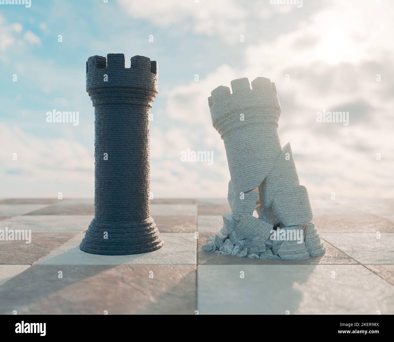 A black chess castle opposing a crumbling white castle on a chess board ...