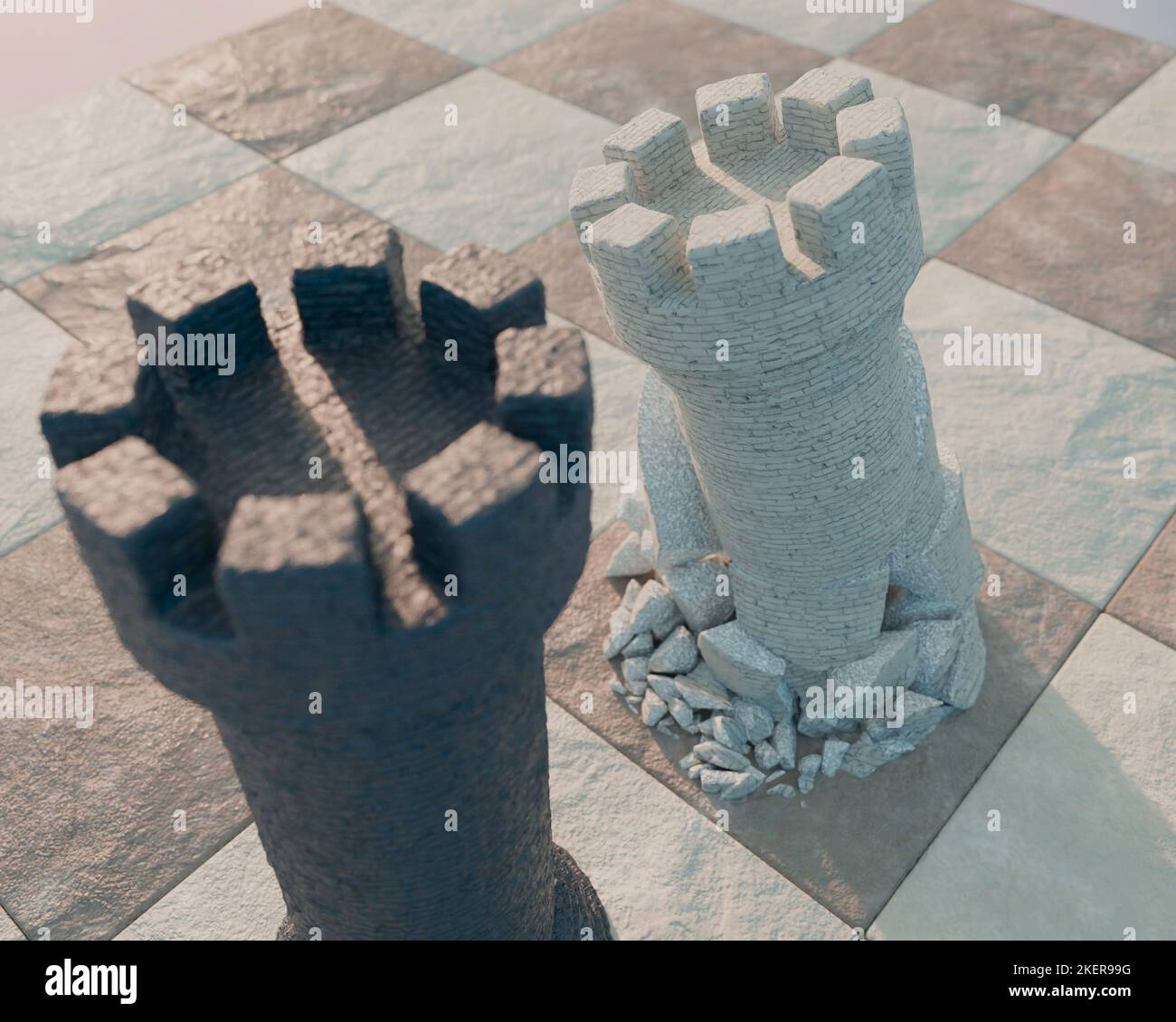 A black chess castle opposing a crumbling white castle on a chess board ...