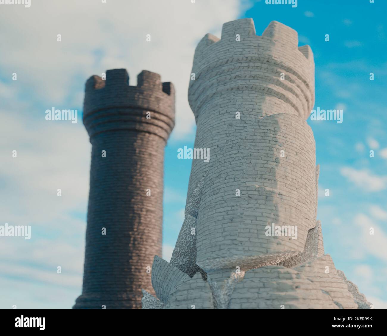 A black chess castle opposing a crumbling white castle on a chess board ...