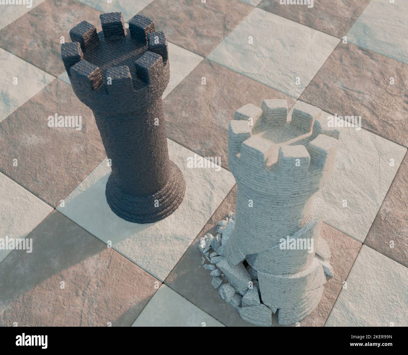 A black chess castle opposing a crumbling white castle on a chess board ...