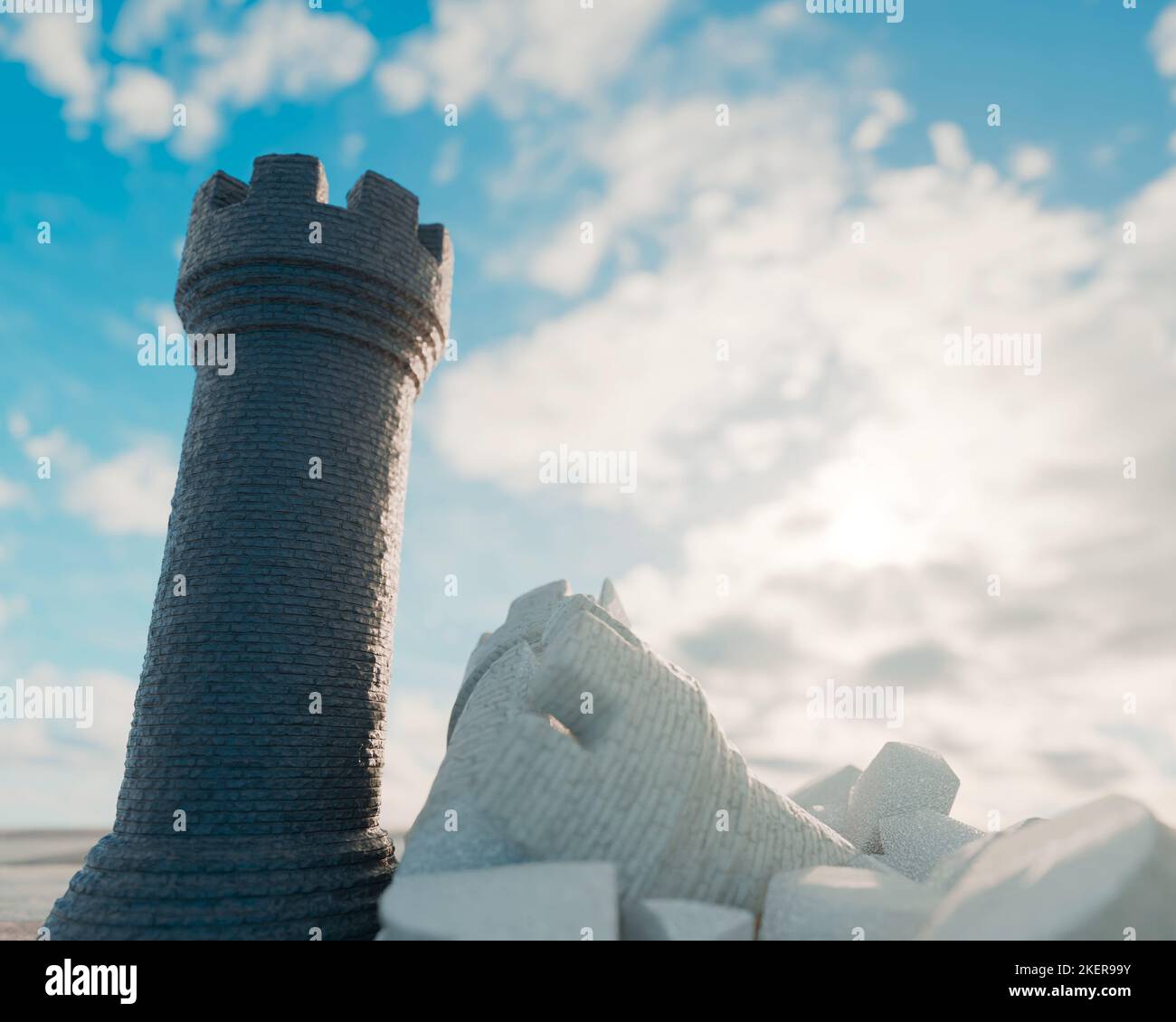 A black chess castle opposing a destroyed white castle on a chess board ...
