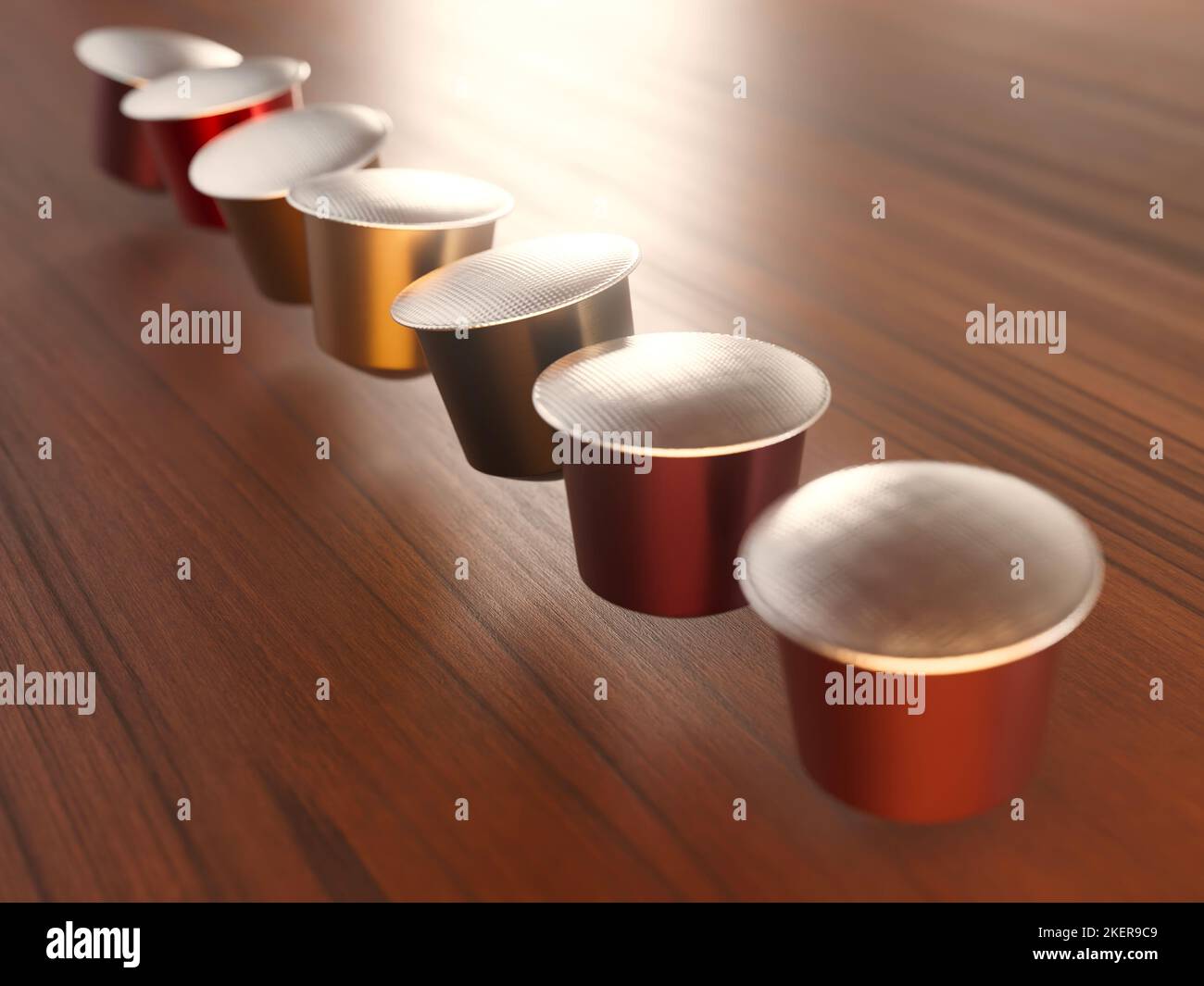 A closeup view of a row of colorful instant espresso coffee capsule ...