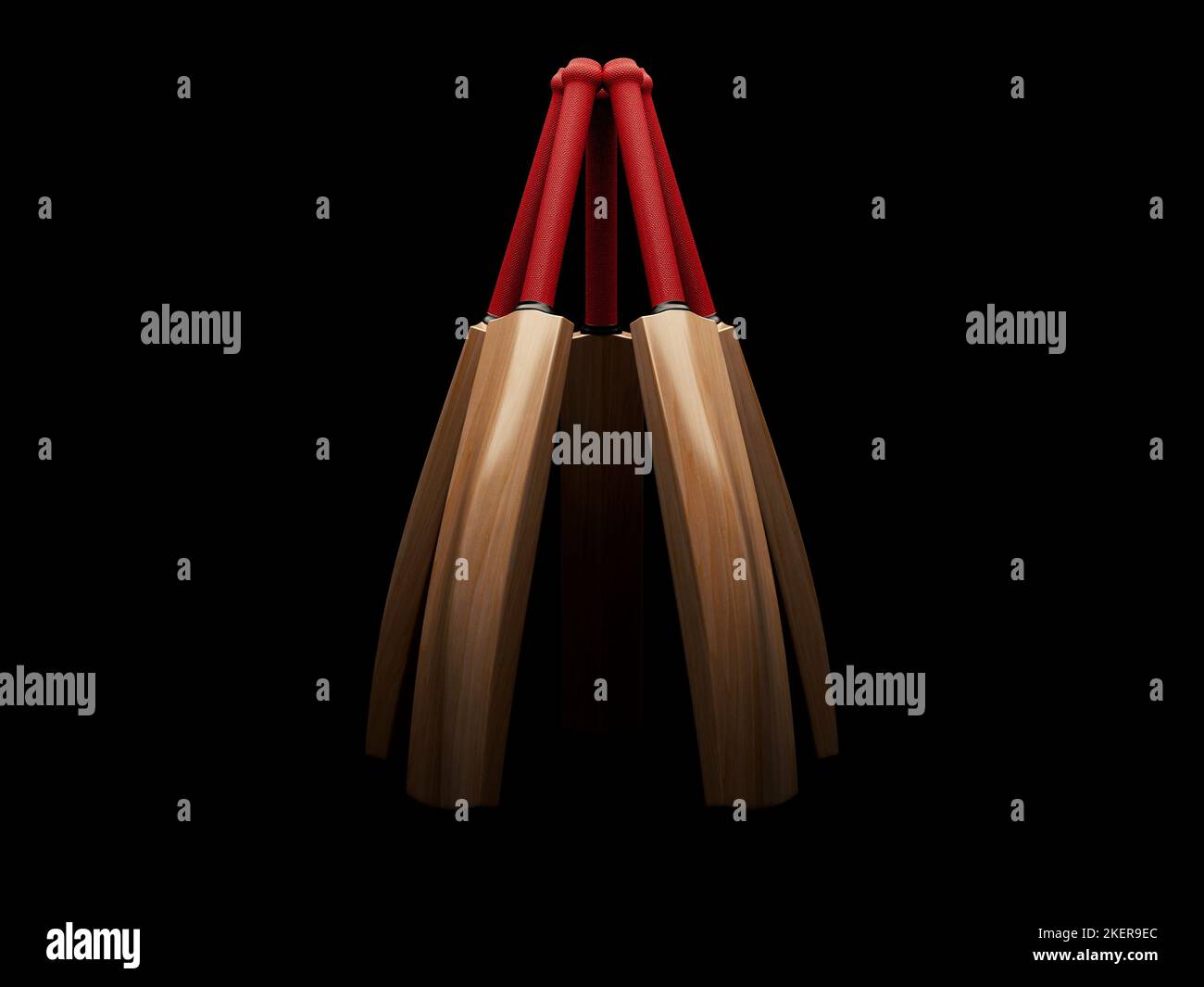 A circular array of generic cricket bats with red handles on an ...