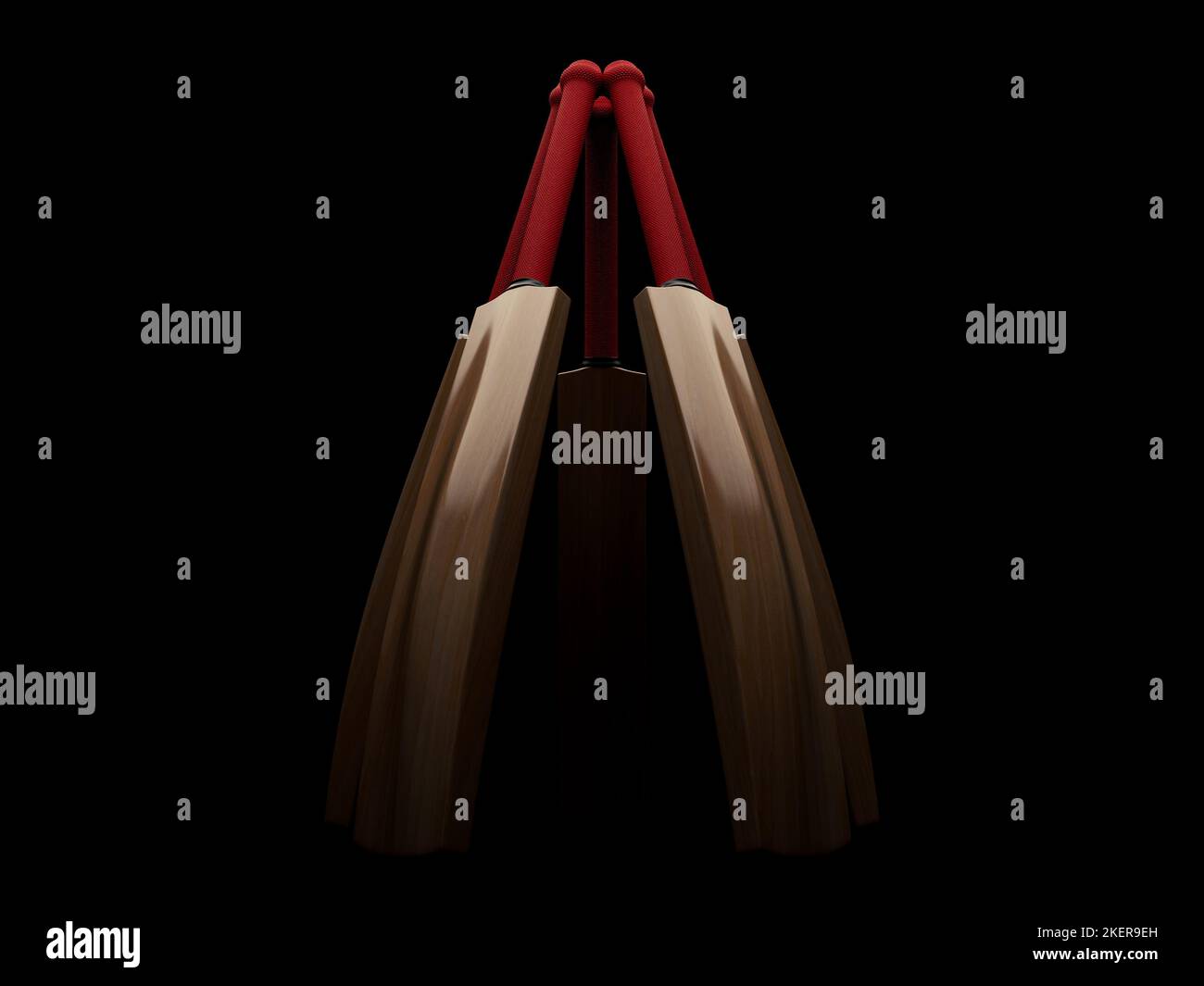 A circular array of generic cricket bats with red handles on an ...