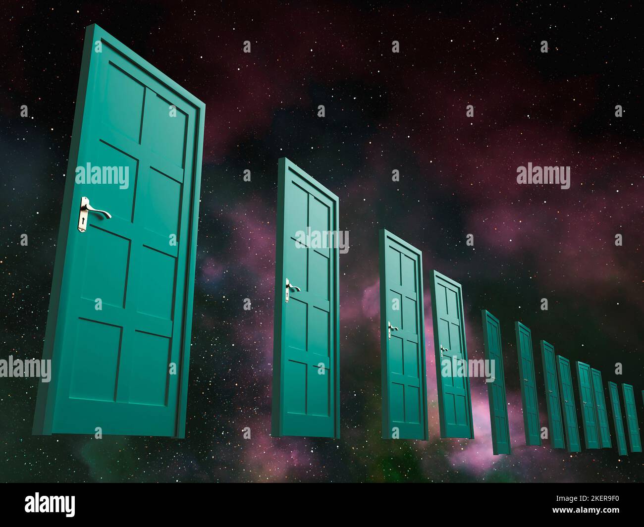 A line of green doors floating on a galaxy nebula space background - 3D ...