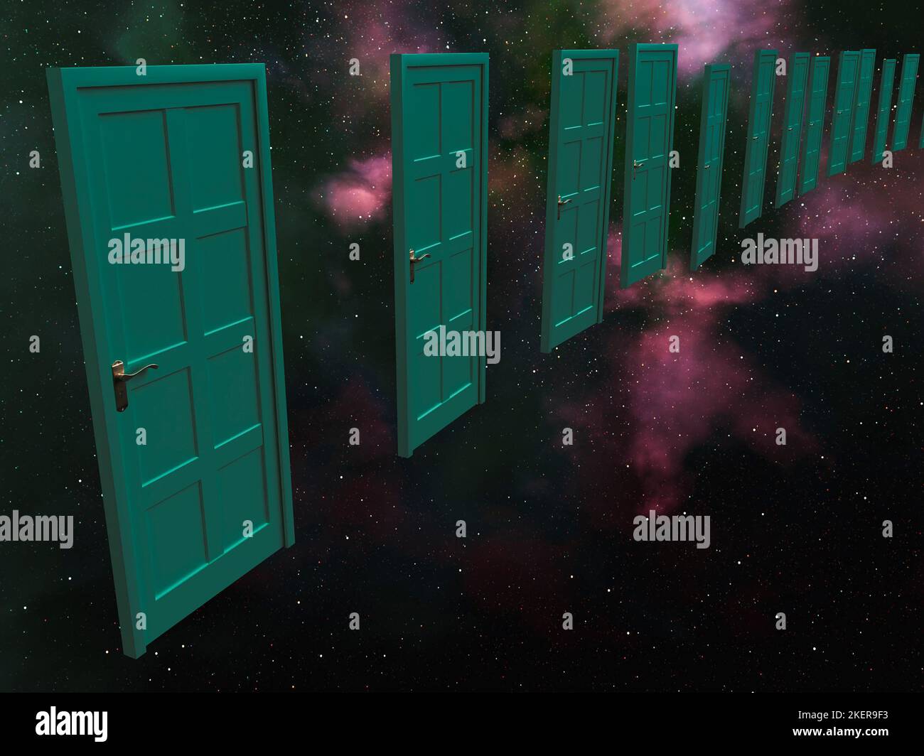 A line of green doors floating on a galaxy nebula space background - 3D ...