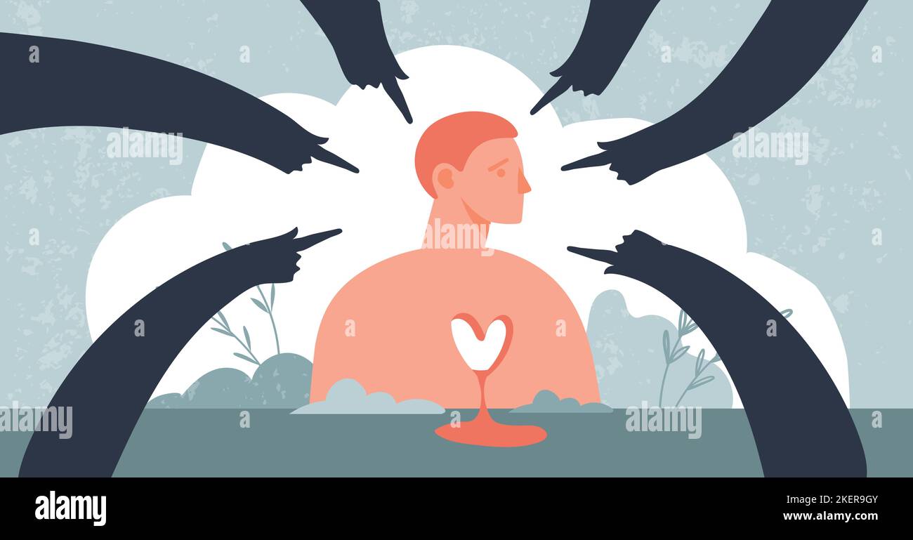 Internet bullying concept banner. Frightened teenage boy and hands pointing at him, teenage ...