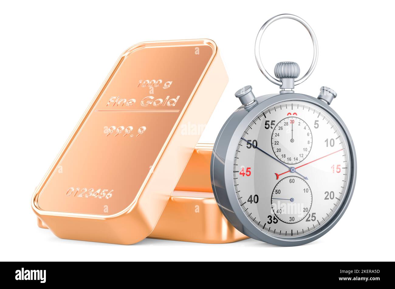 Gold ingots with stopwatch, 3D rendering isolated on white background ...