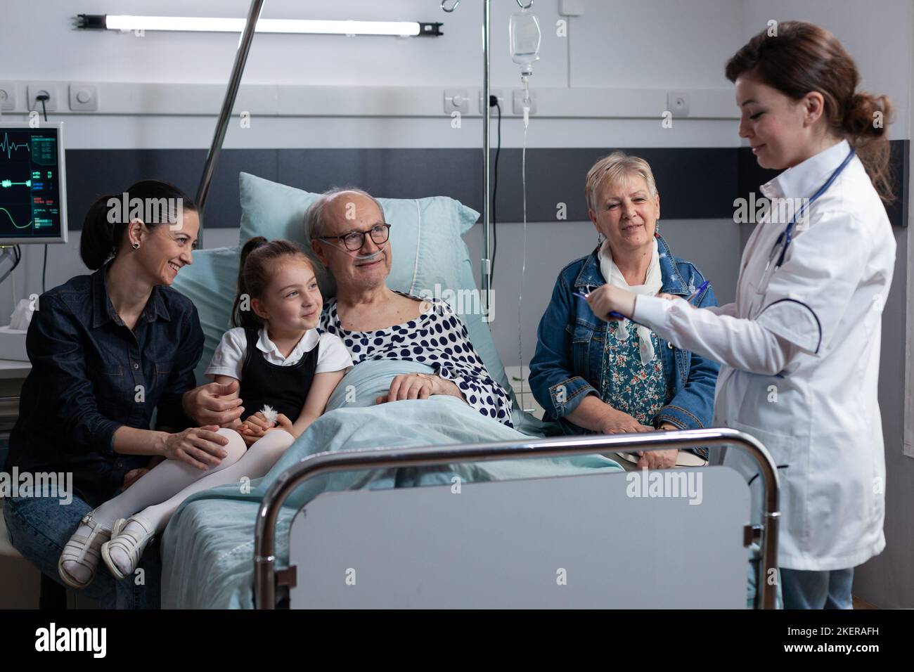 Elderly bedridden man relatives happily attending care, prevention ...