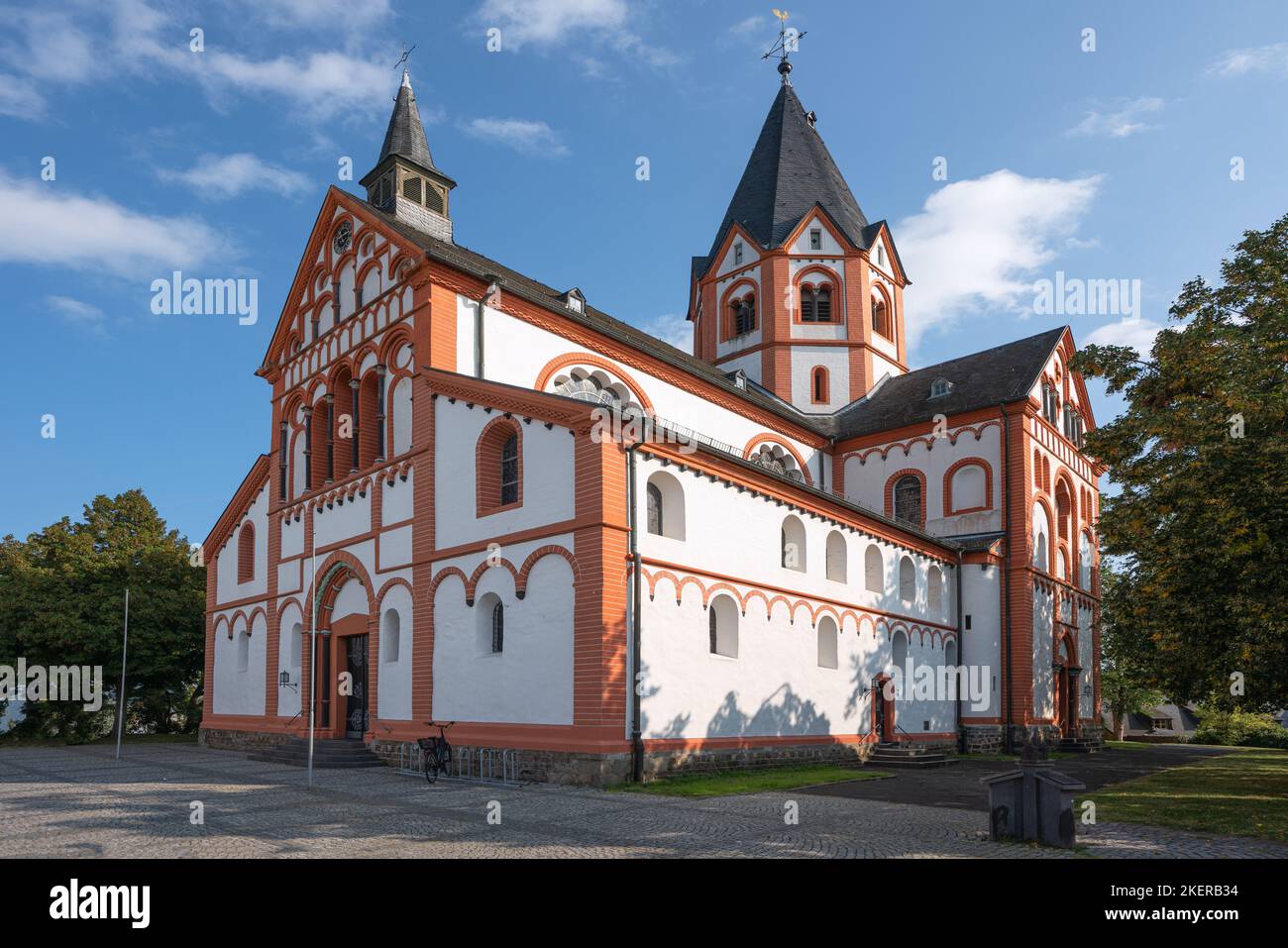 Panoramic image of Saint Peter church against blue sky, Sinzig, Germany ...