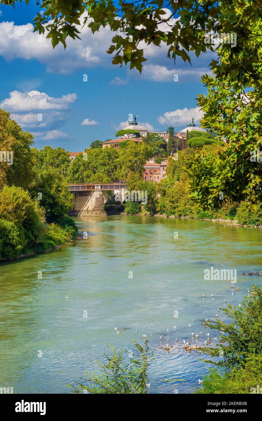 Nature in Rome. View of the city old historic center from River Tiber ...