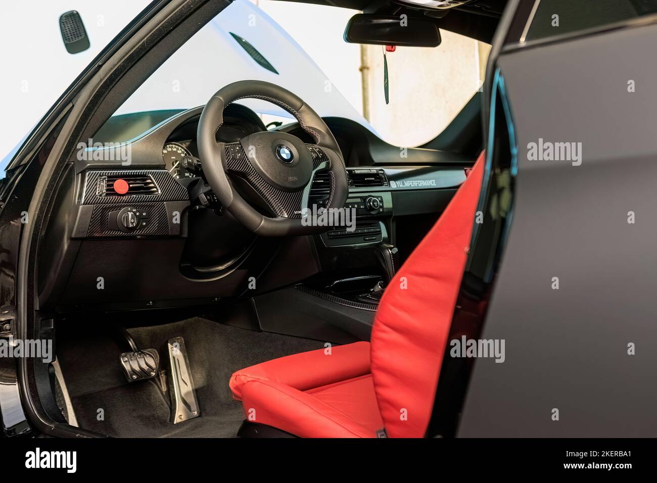 Milan, Italy 13 November 2022: Bmw sport car interior. 3 series tuned ...