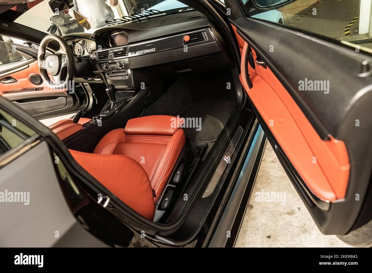 Milan, Italy 13 November 2022: Bmw sport car interior. 3 series tuned ...