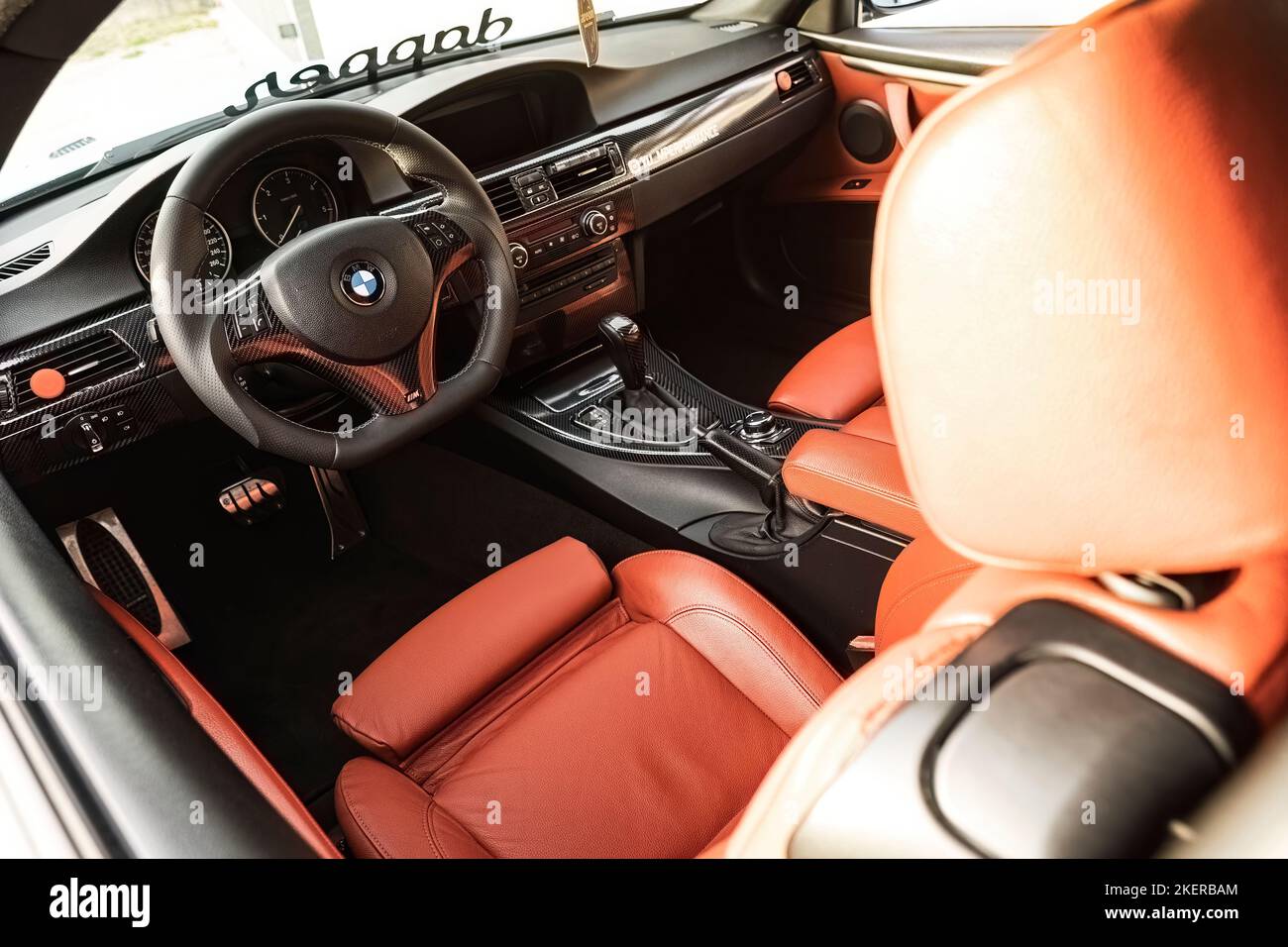 Milan, Italy 13 November 2022: Bmw sport car interior. 3 series tuned ...