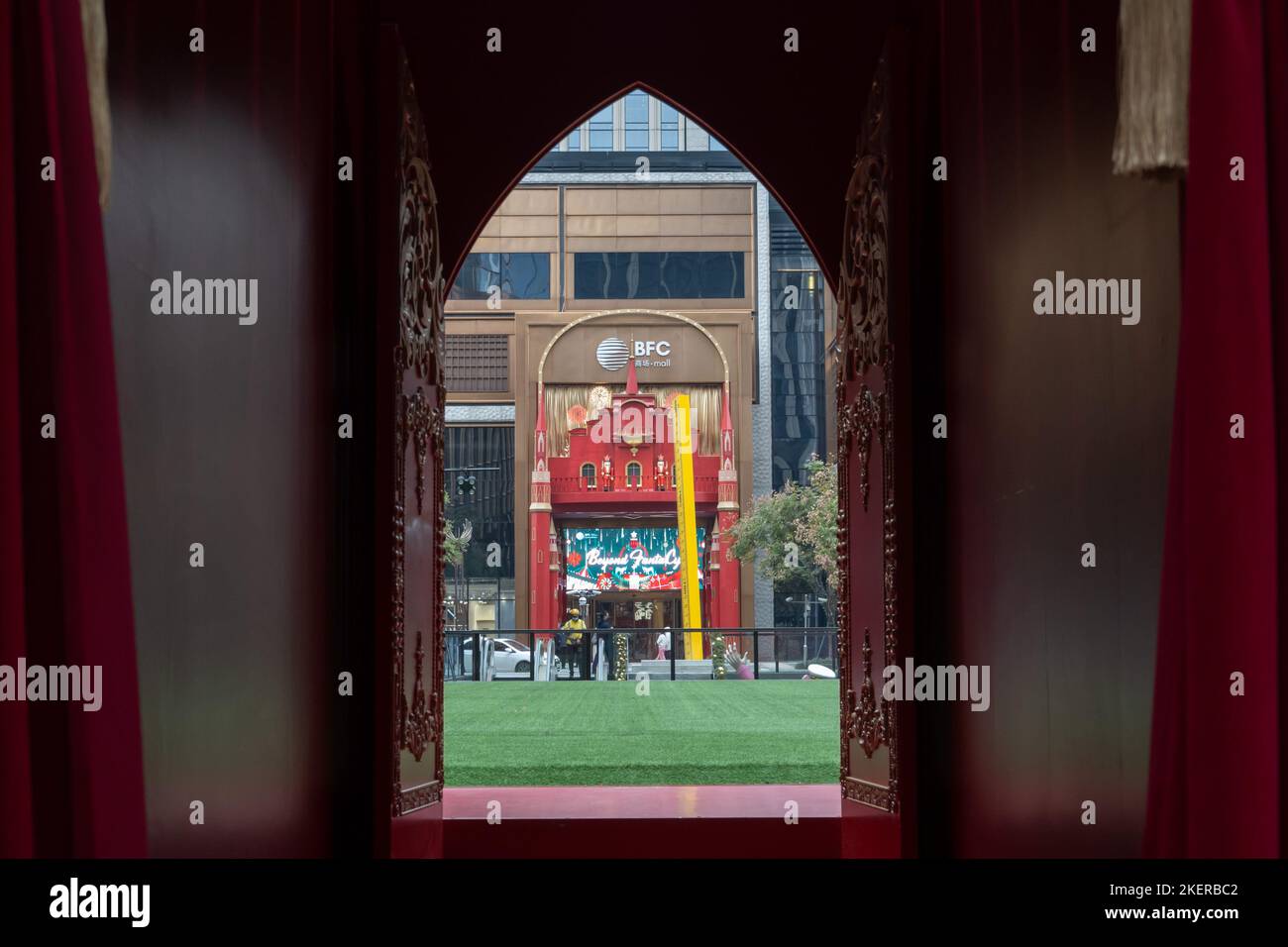 SHANGHAI, CHINA - NOVEMBER 14, 2022 - Golden Christmas trees and red ...