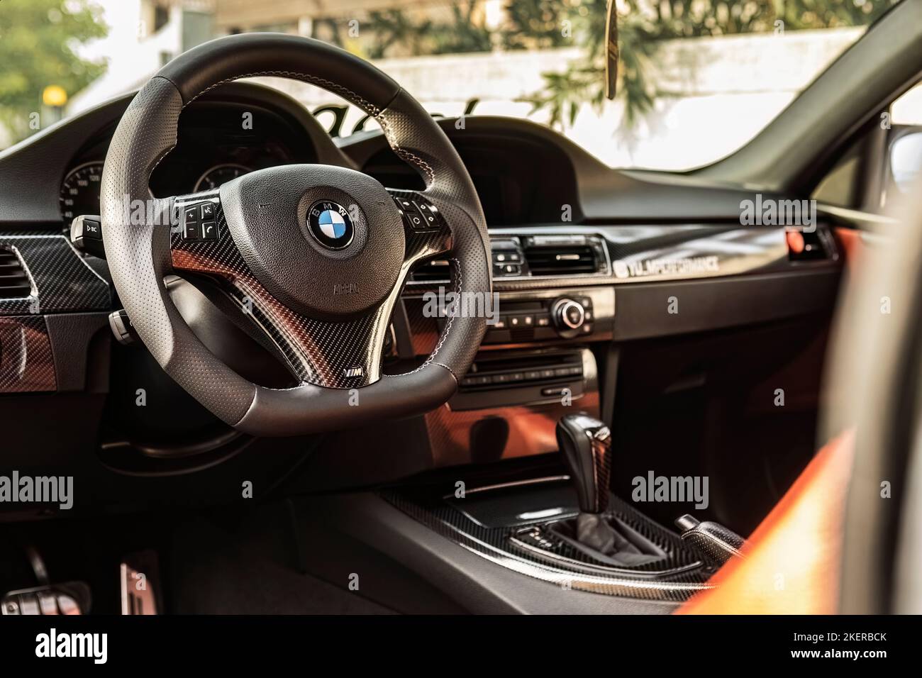 Milan, Italy 13 November 2022: Bmw sport car interior. 3 series tuned ...
