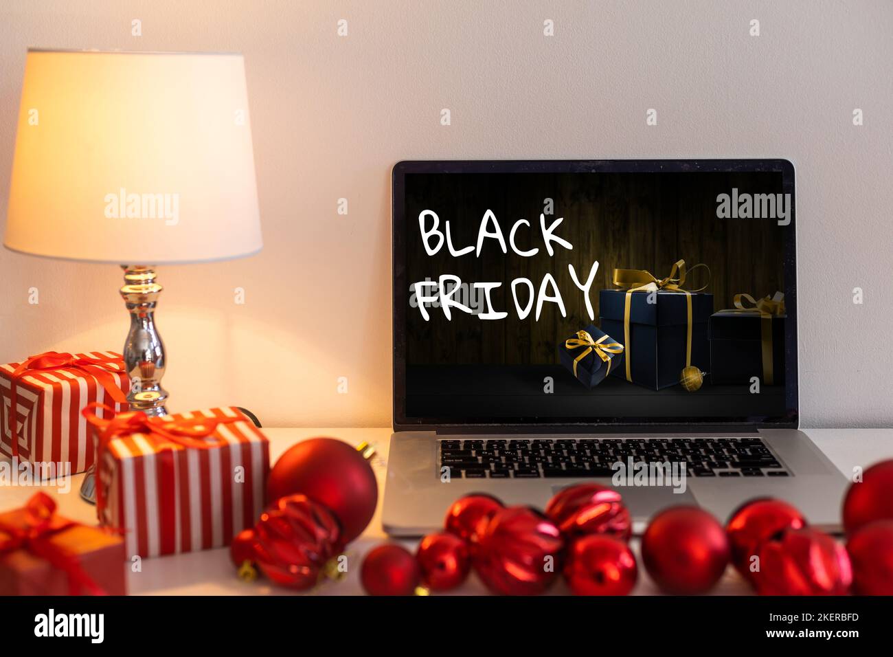 Black Friday shopping concept written in laptop's black screen against ...