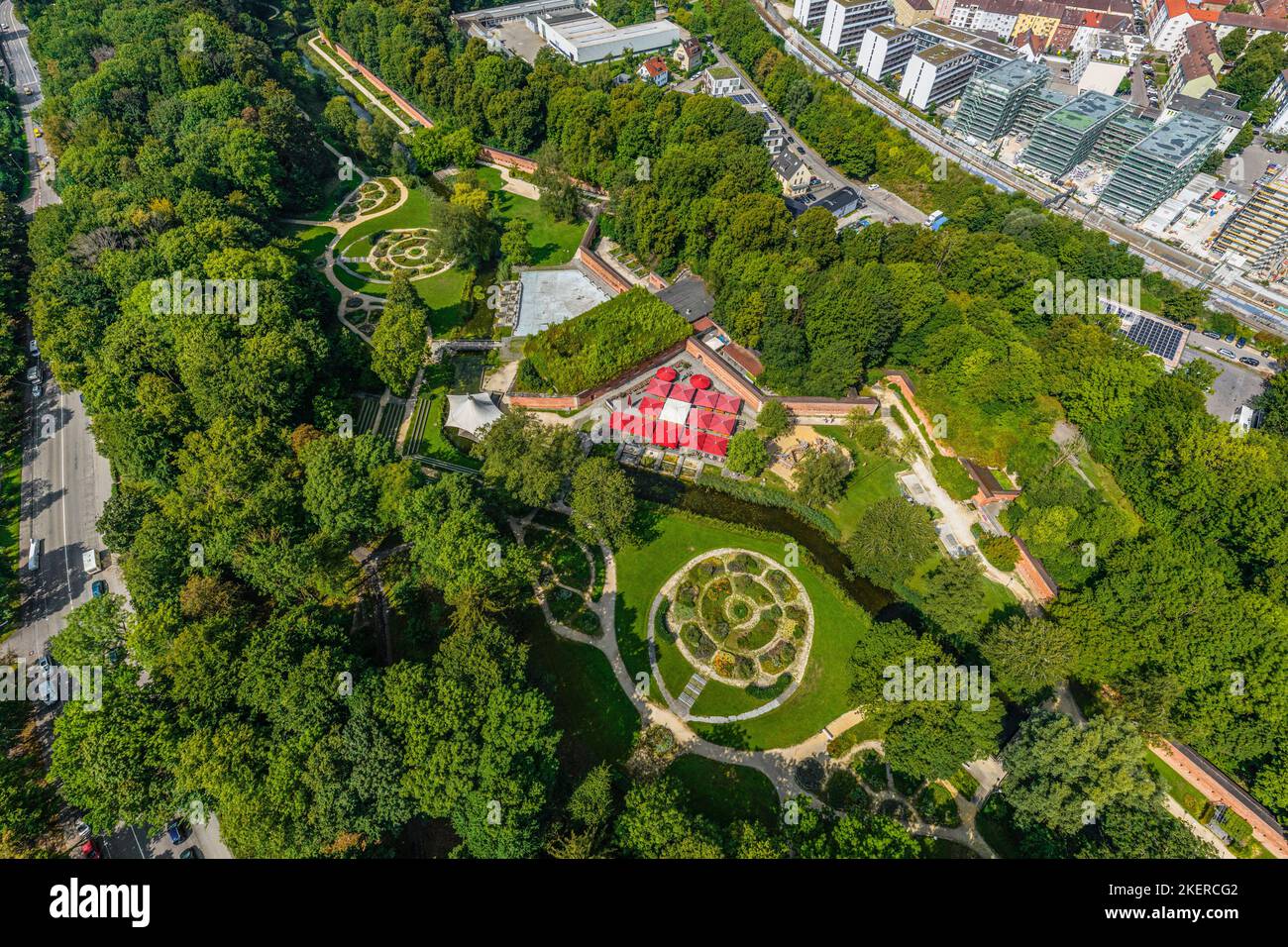 The city of Neu Ulm in Swabia around the Glacis Park from above Stock ...