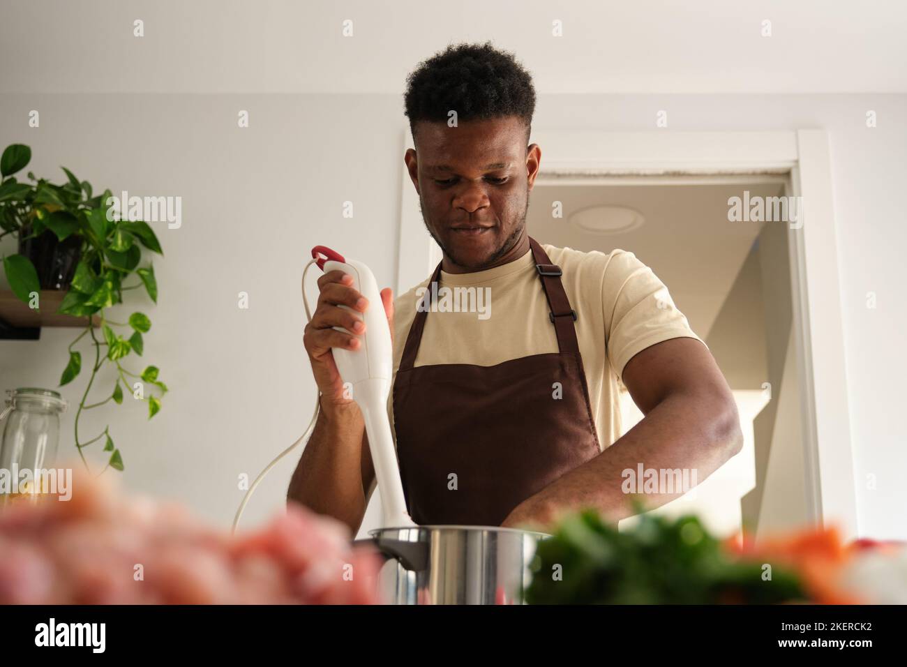 Young african man using a blender to prepare chicken mince Stock Photo ...