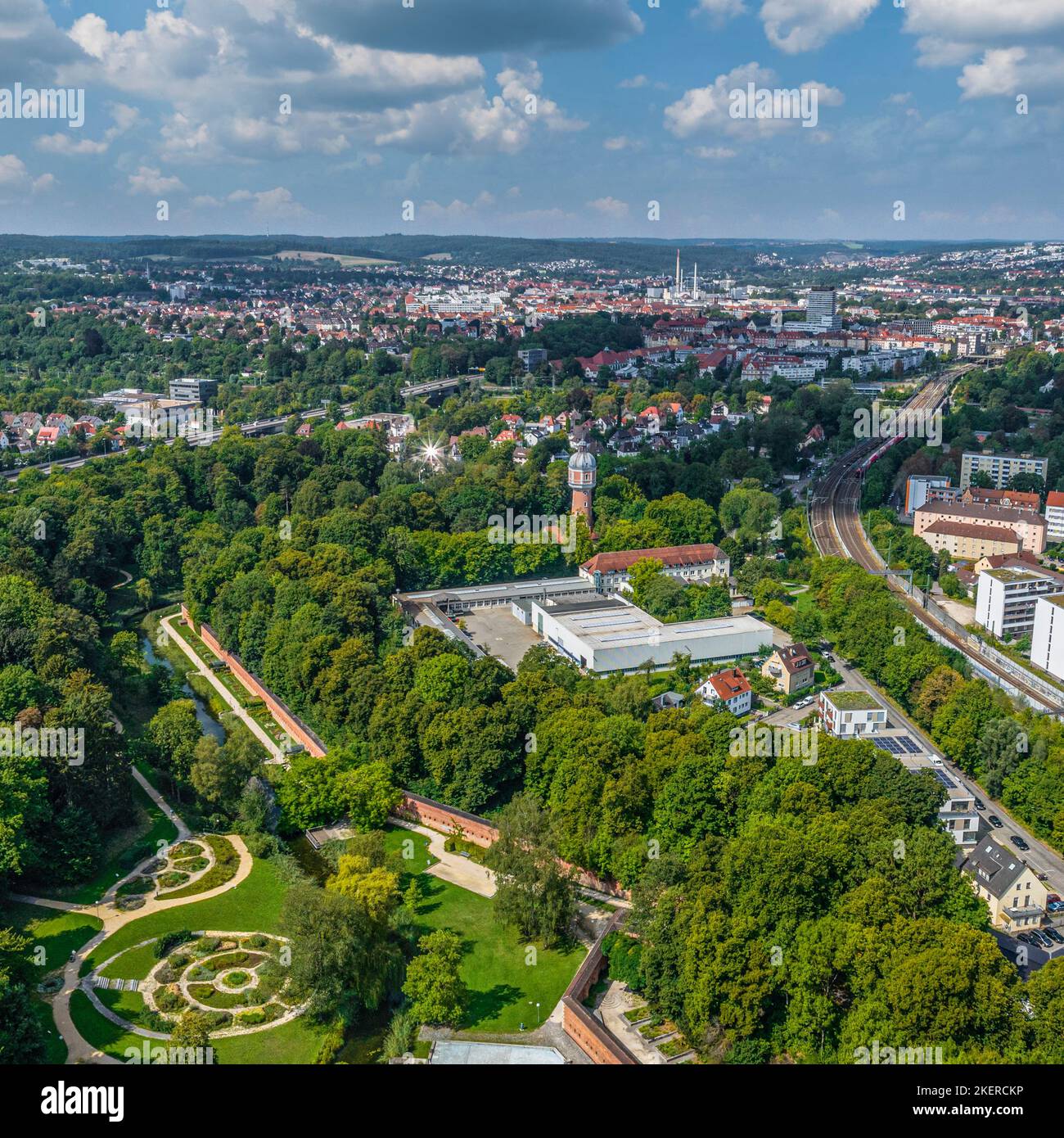 The city of Neu Ulm in Swabia around the Glacis Park from above Stock ...