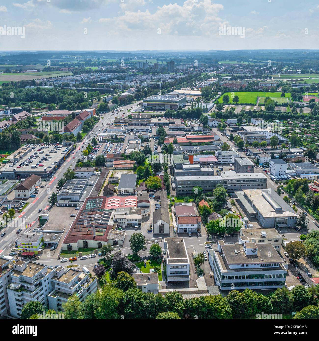 The city of Neu Ulm in Swabia around the Glacis Park from above Stock ...