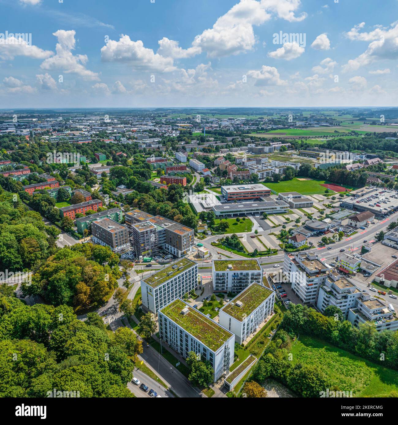 The city of Neu Ulm in Swabia around the Glacis Park from above Stock ...