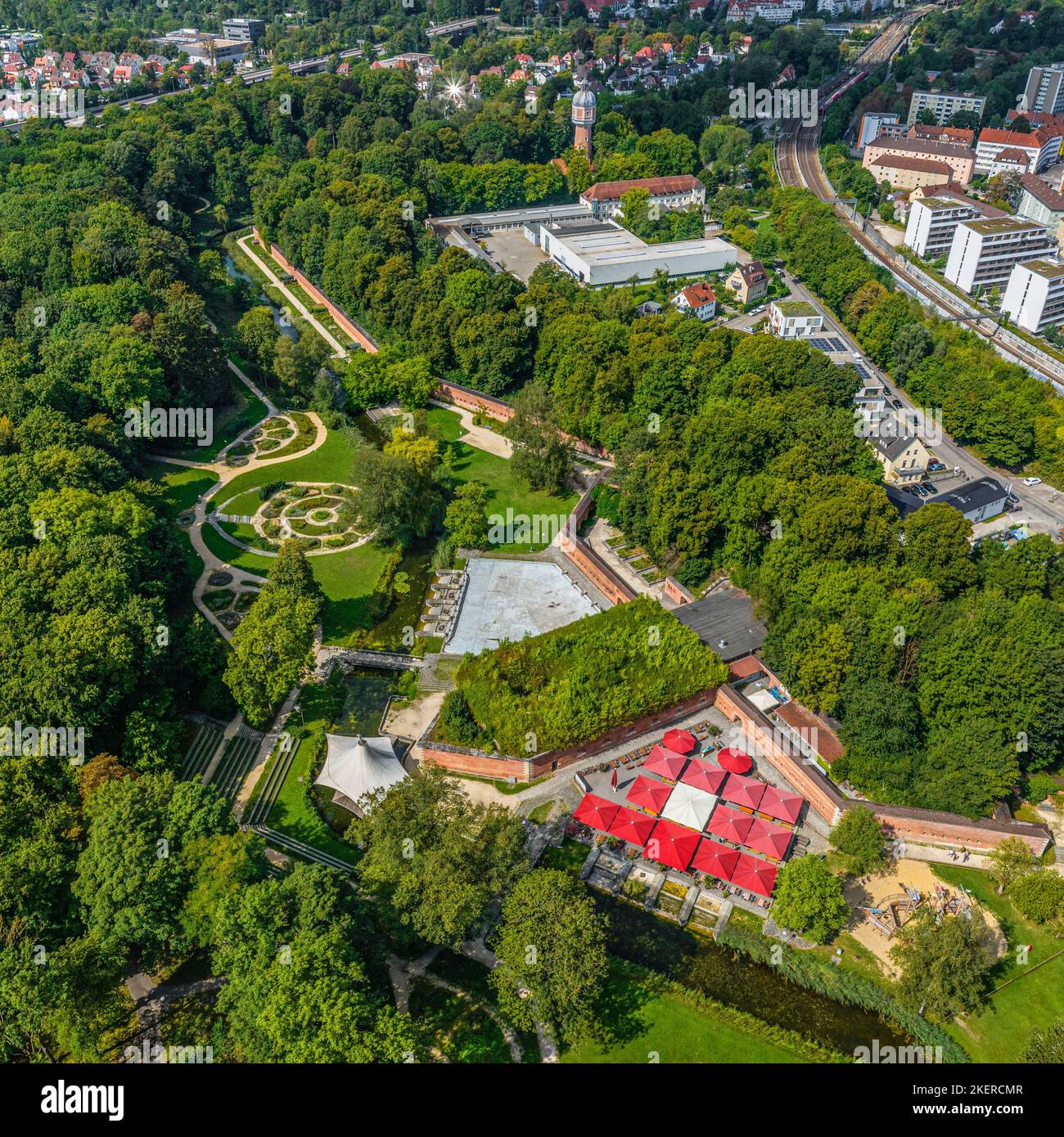 The city of Neu Ulm in Swabia around the Glacis Park from above Stock ...