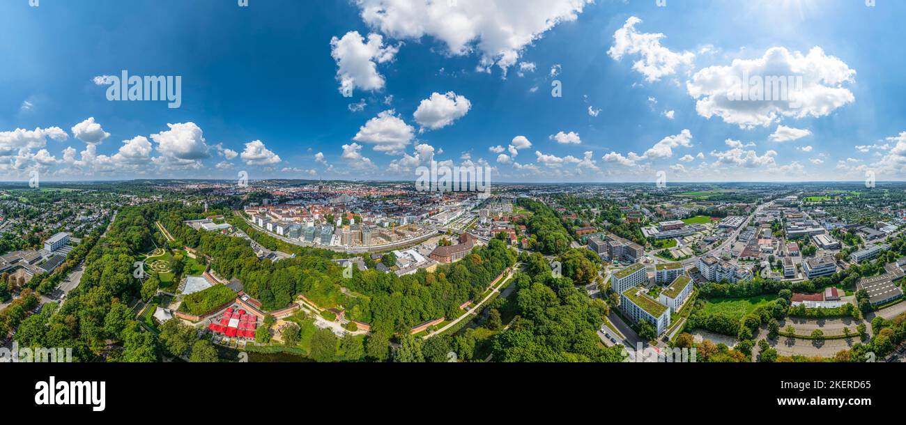 The city of Neu Ulm in Swabia around the Glacis Park from above Stock ...