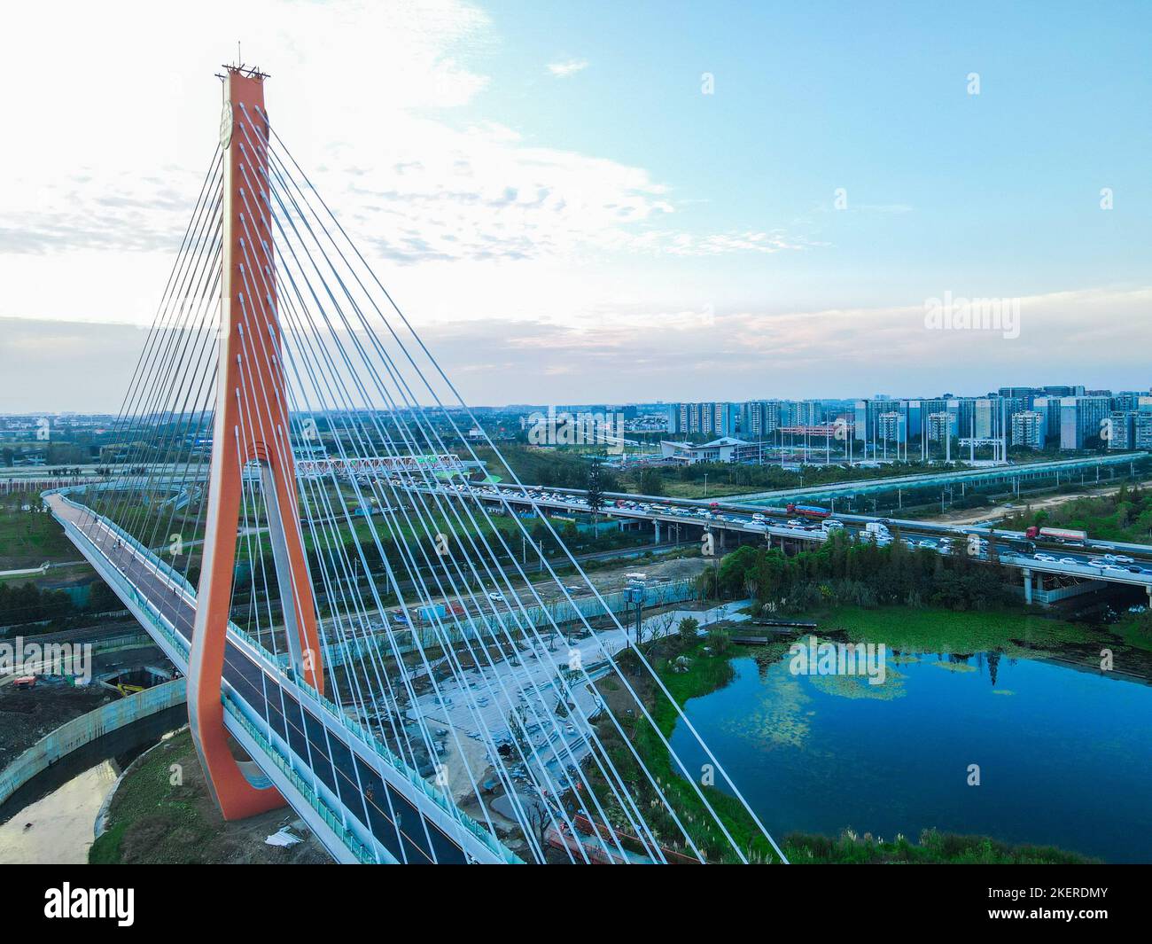 Aerial photos show the Chengkun Bridge which is the largest pedestrian ...