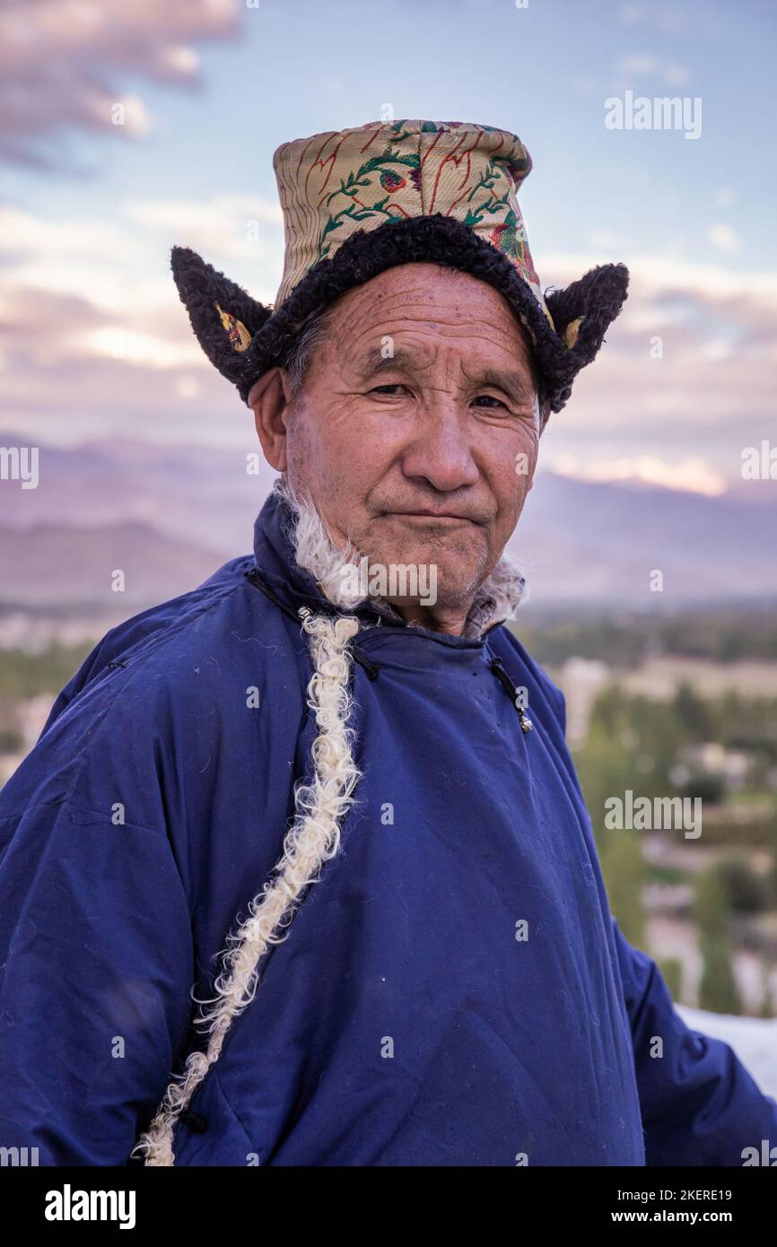 Elderly man in traditional Ladakhi clothes, Spituk Monastery (Gompa ...
