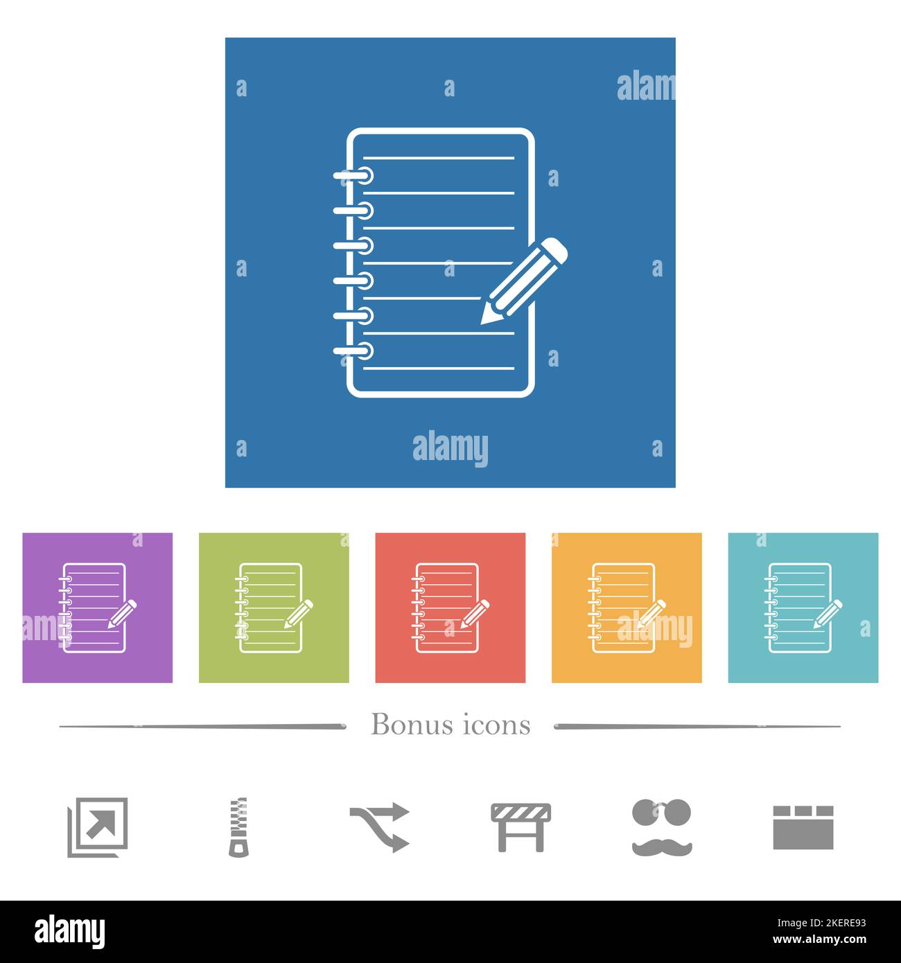 Spiral notepad with pencil flat white icons in square backgrounds. 6 ...
