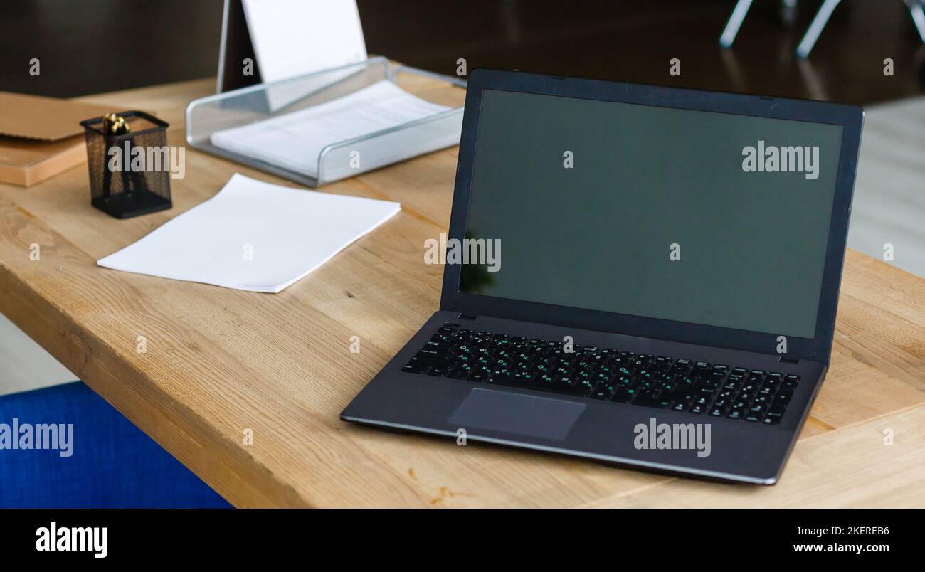 Close up view of workplace with computer Stock Photo - Alamy