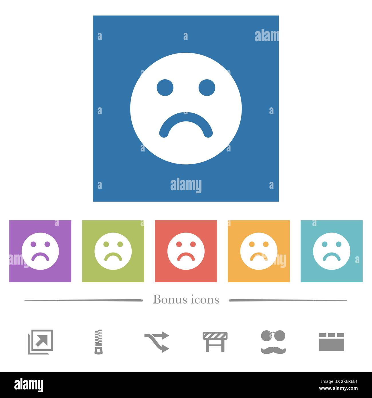 Sad emoticon solid flat white icons in square backgrounds. 6 bonus ...