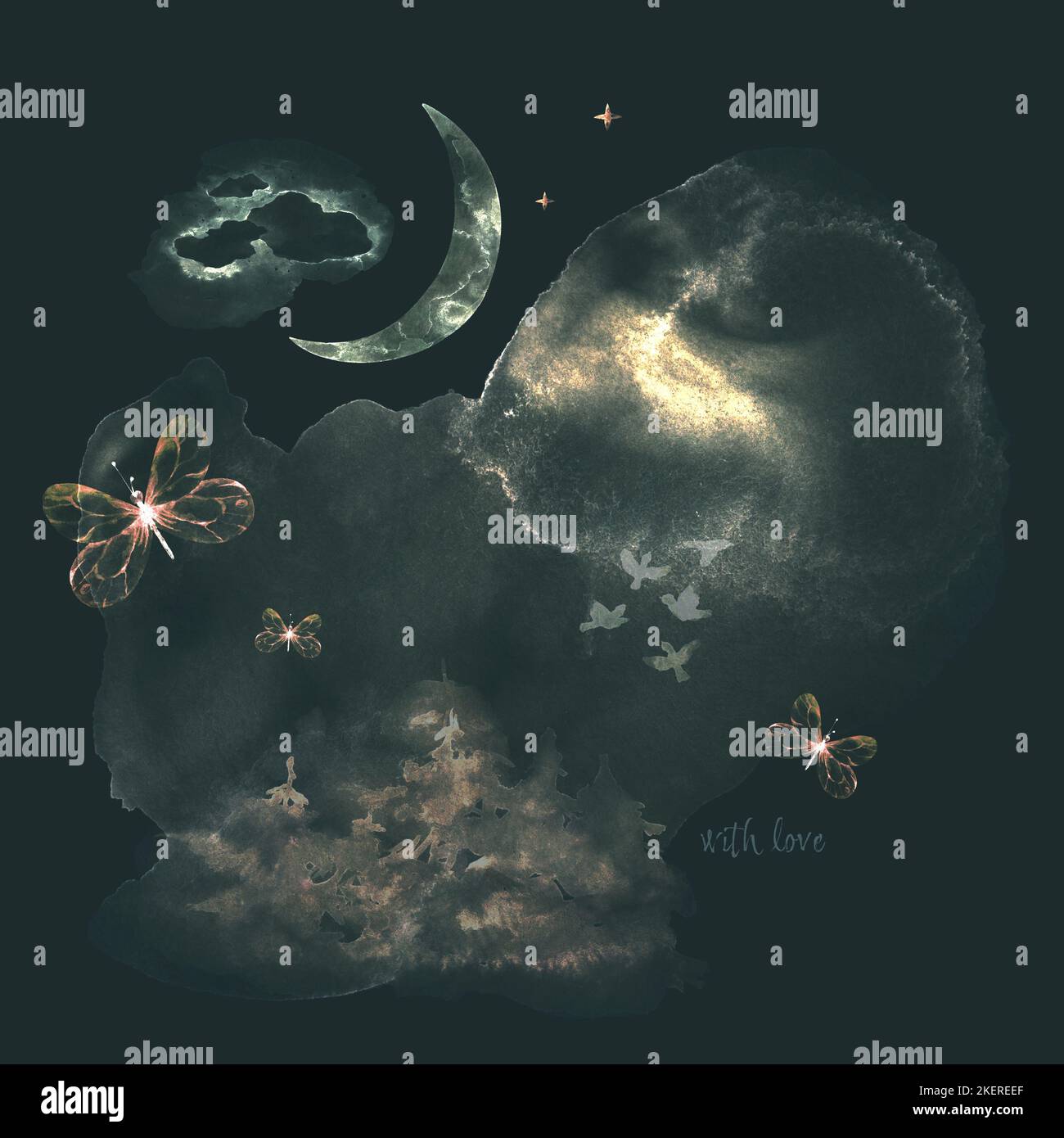 Magic golden landscape on a dark background. Night forest in the light ...