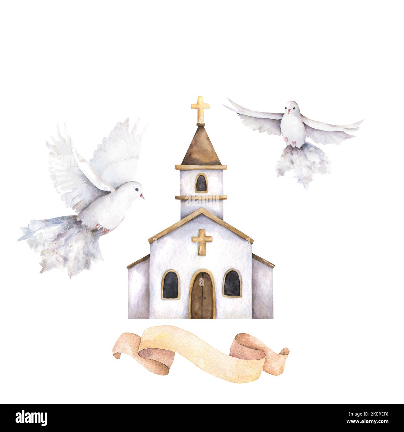 White doves of peace are flying over the church watercolor illustration ...