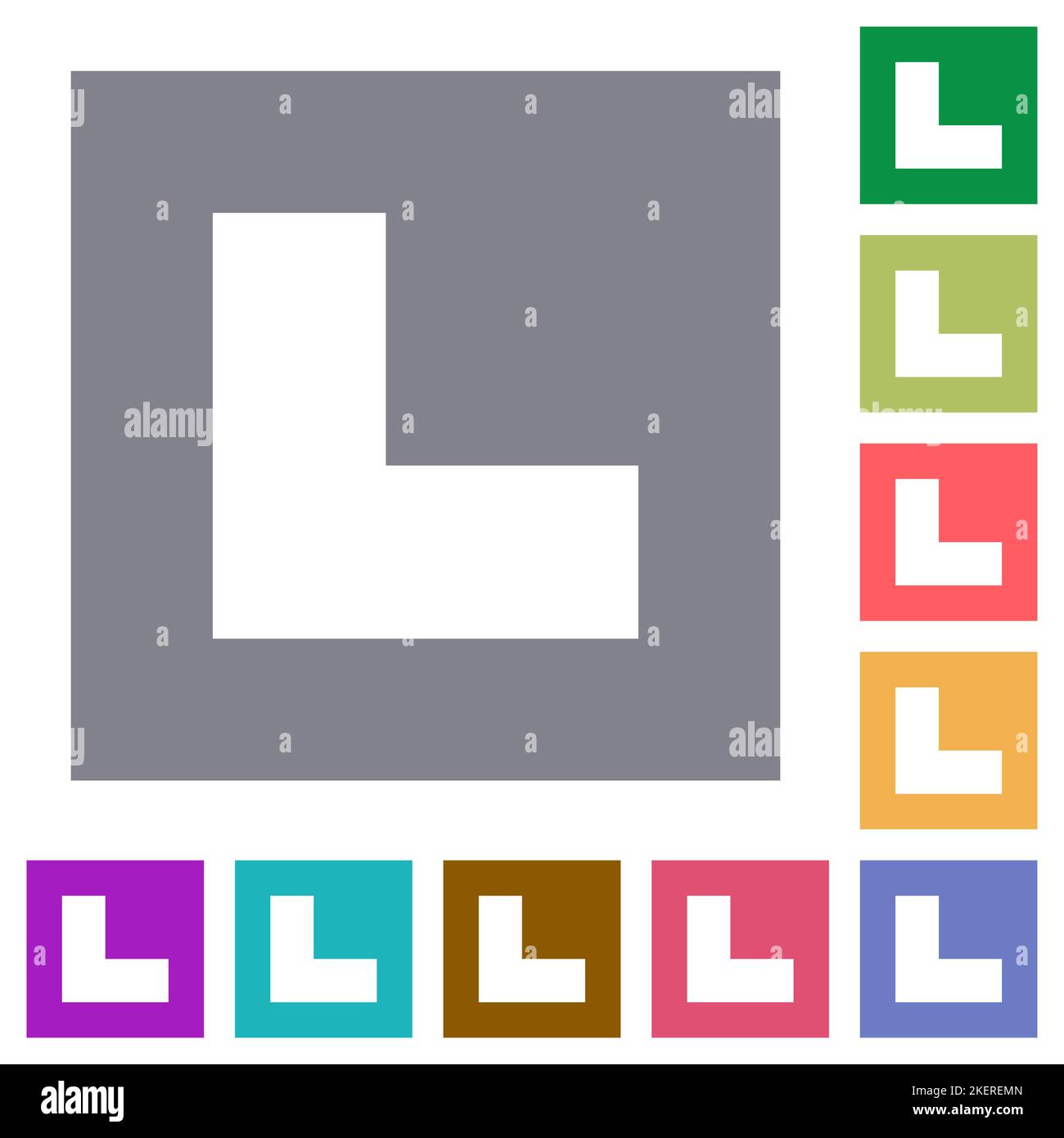 Bottom left angle arrow solid flat icons on simple color square ...